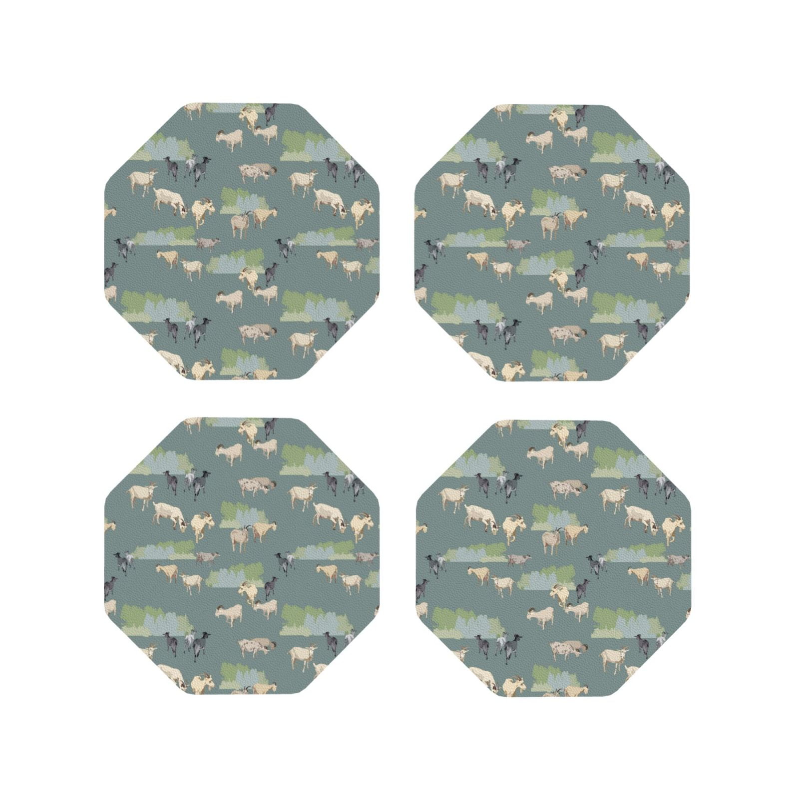 Leather Coasters Set of 4 - Painted Cute Goat Green Lightweight Non ...
