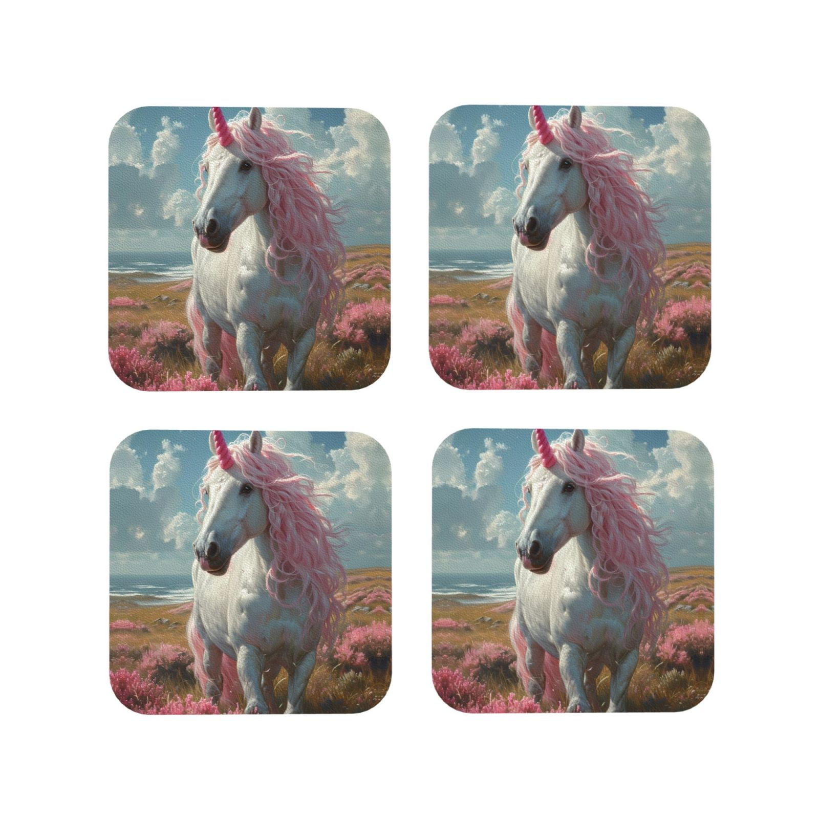 Leather Coasters Set of 4 - Pink Flower White Horse A Lightweight Non ...