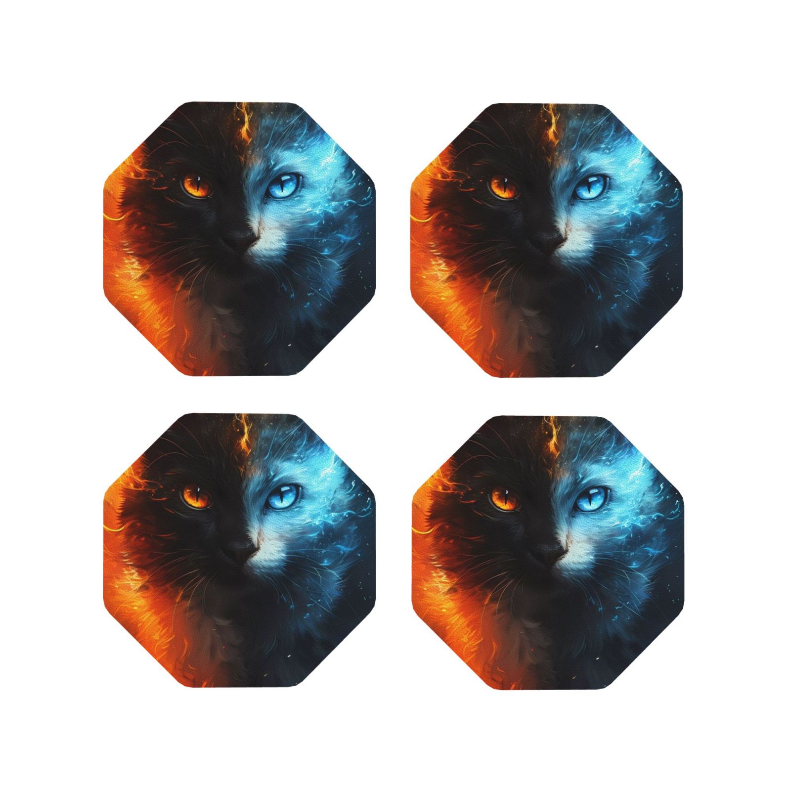 Leather Coasters Set of 4 - Red and Blue Fire Cat Lightweight Non-Slip ...