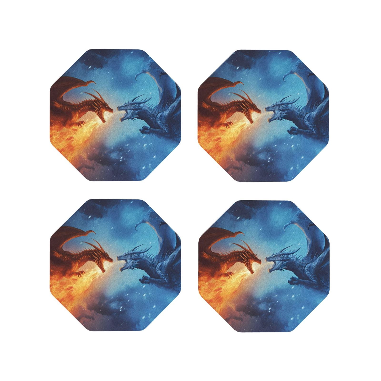 Leather Coasters Set of 4 - Red and Blue Fire Dragon A Lightweight Non ...