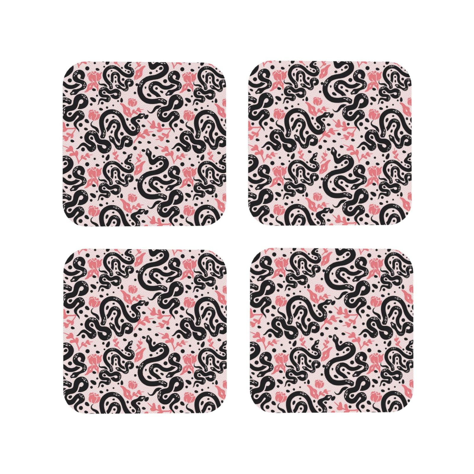 Leather Coasters Set of 4 - Simple Cute Snake Flower Pink Lightweight ...