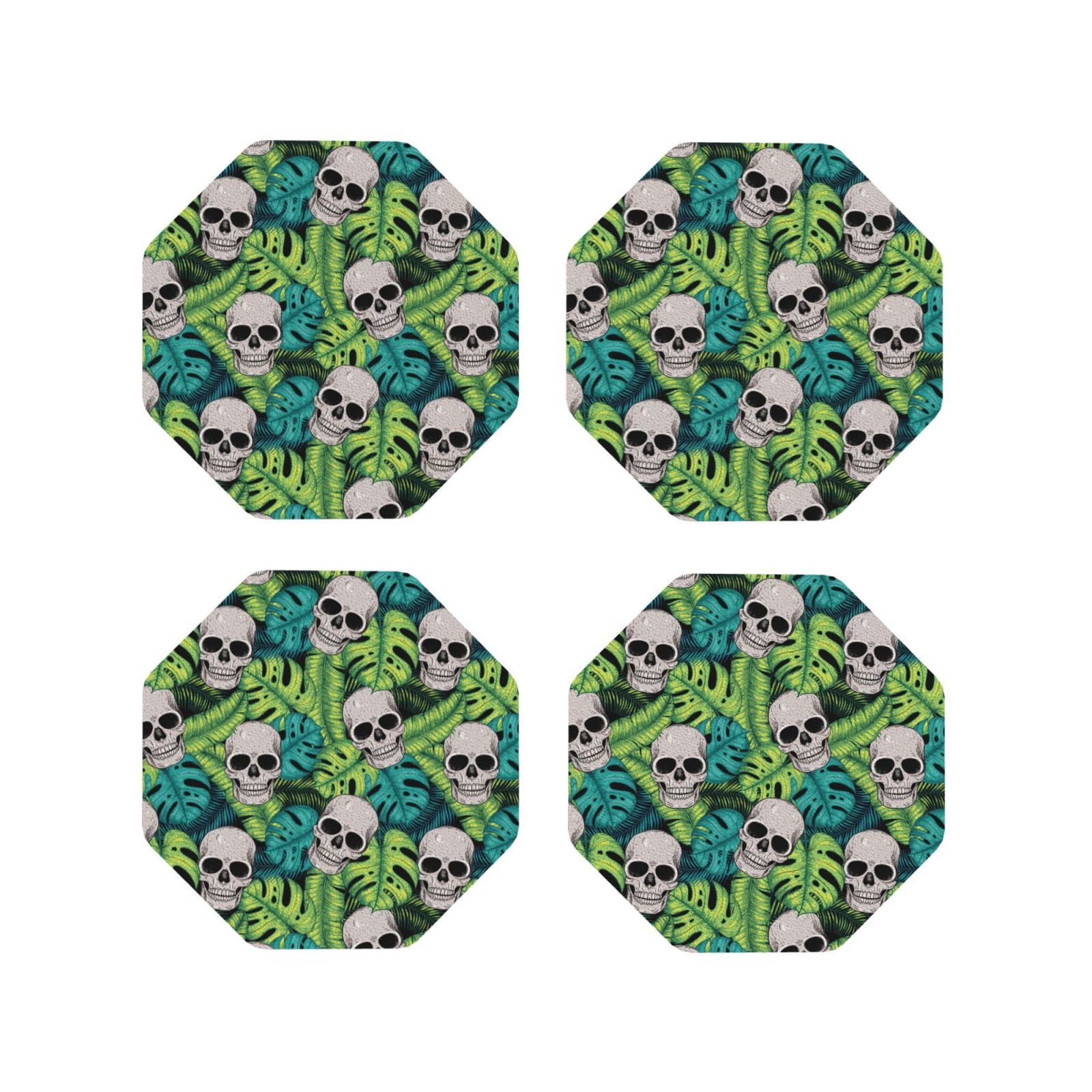 Leather Coasters Set of 4 - Skull and Palm Leaves Lightweight Non-Slip ...