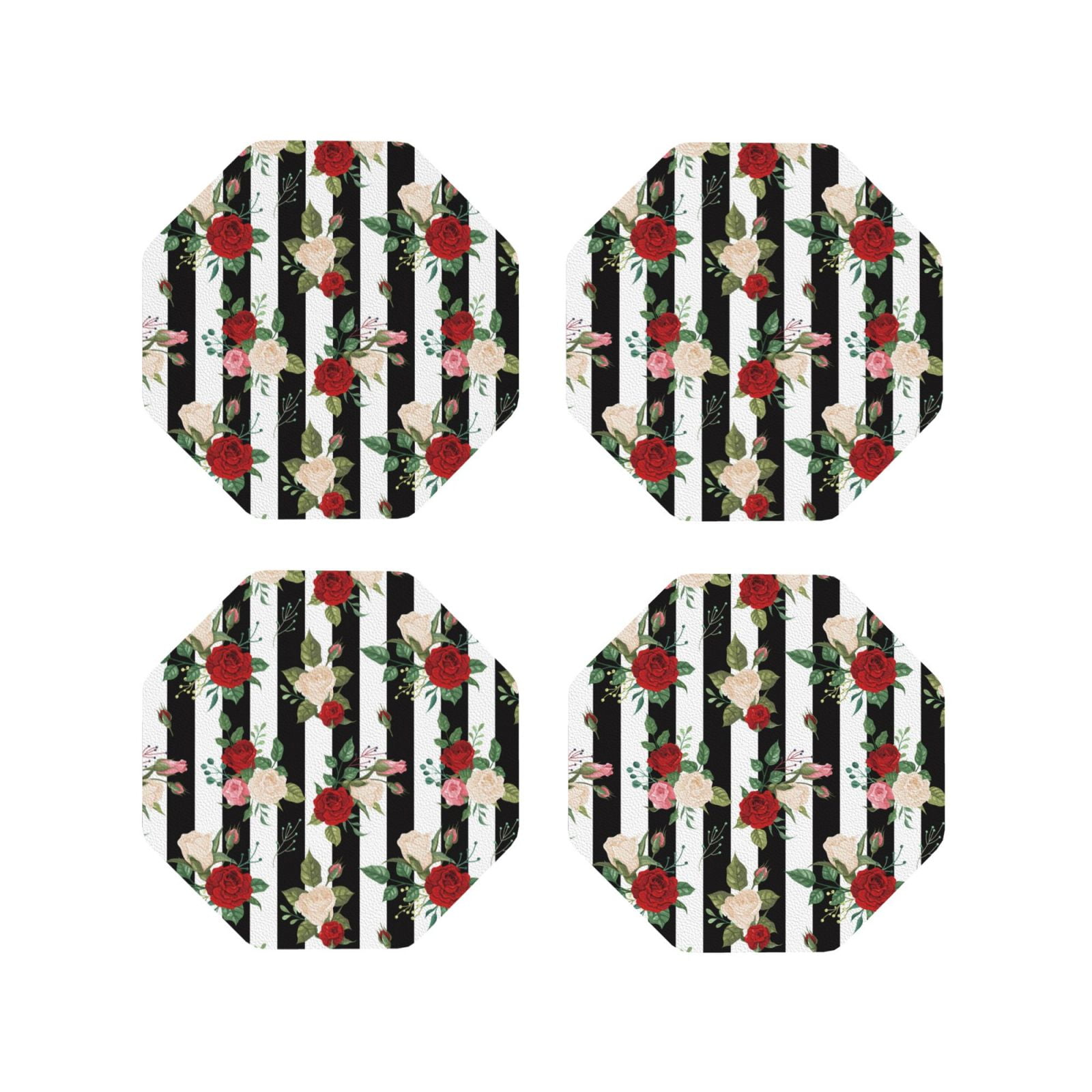Leather Coasters Set of 4 - Stripe Rose Flowers Lightweight Non-Slip ...
