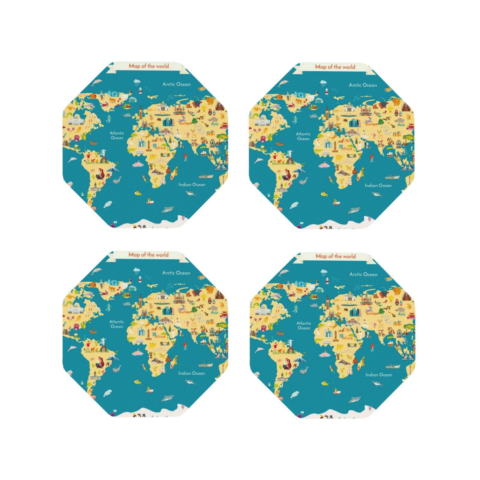 Leather Coasters Set of 4 - World Map With Landmarks Lightweight Non ...