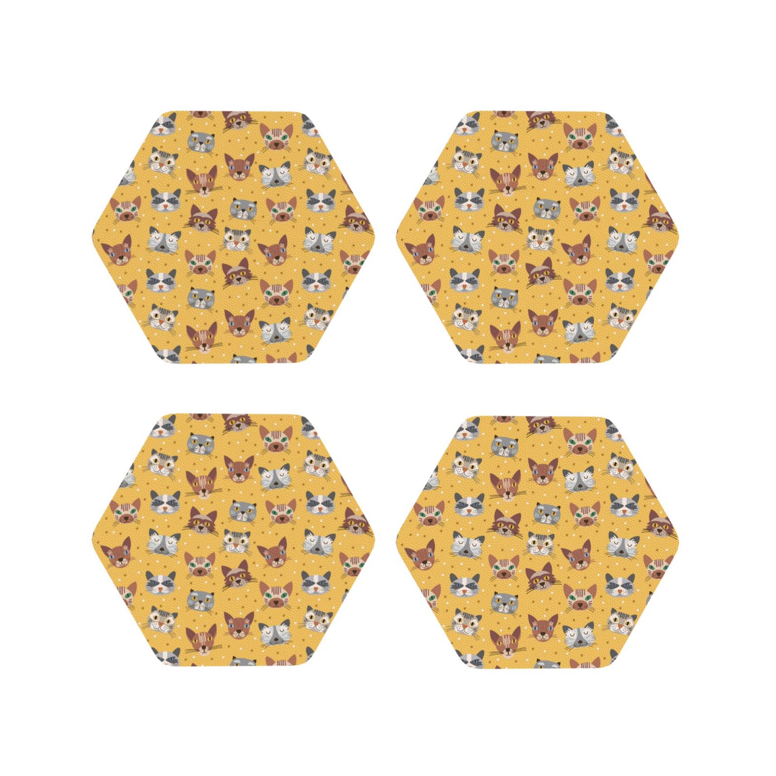Leather Coasters of 4, Abstract Cute Cartoon Cat Face_A Drink Coasters ...