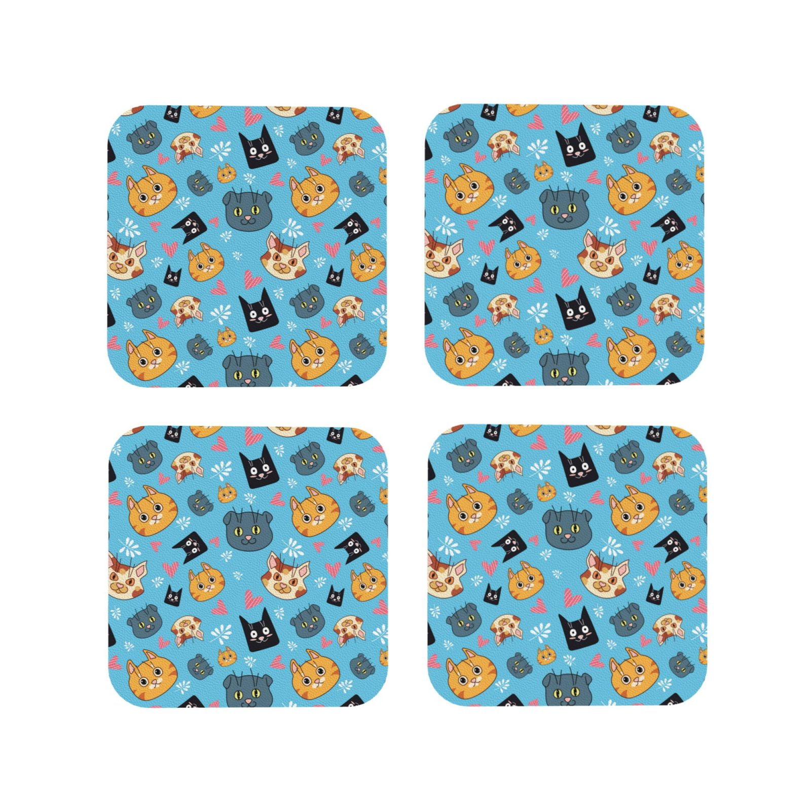 Leather Coasters of 4, Abstract Cute Cartoon Cat Face Drink Coasters ...
