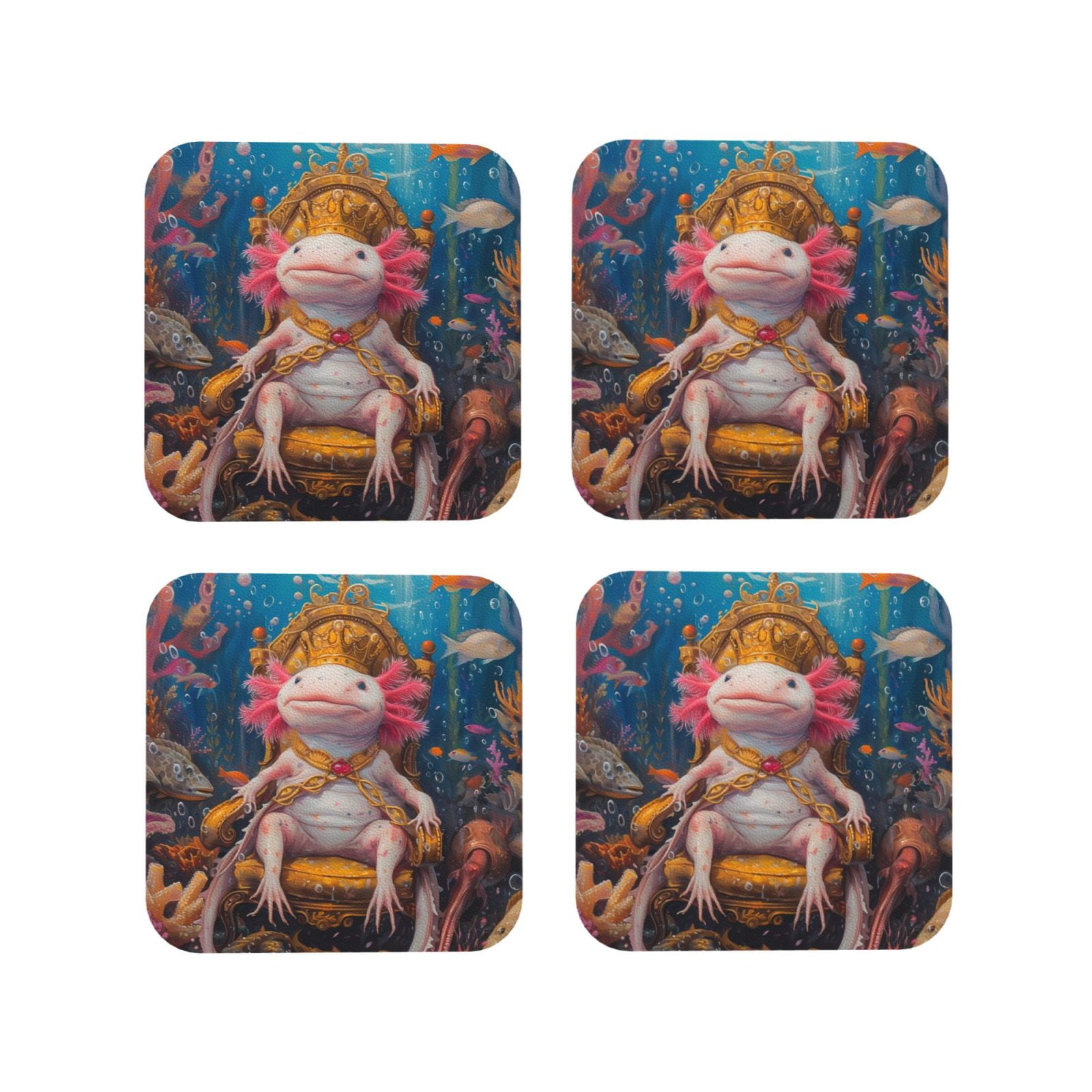 Leather Coasters of 4, Aquatic Axolotl King Drink Coasters Foe Tabletop ...