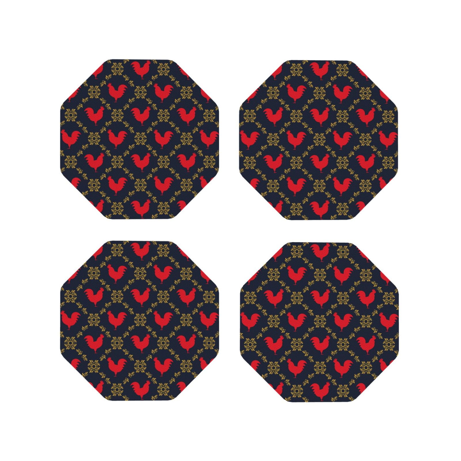 Leather Coasters of 4, Artistic Chicken Red Drink Coasters Foe Tabletop ...