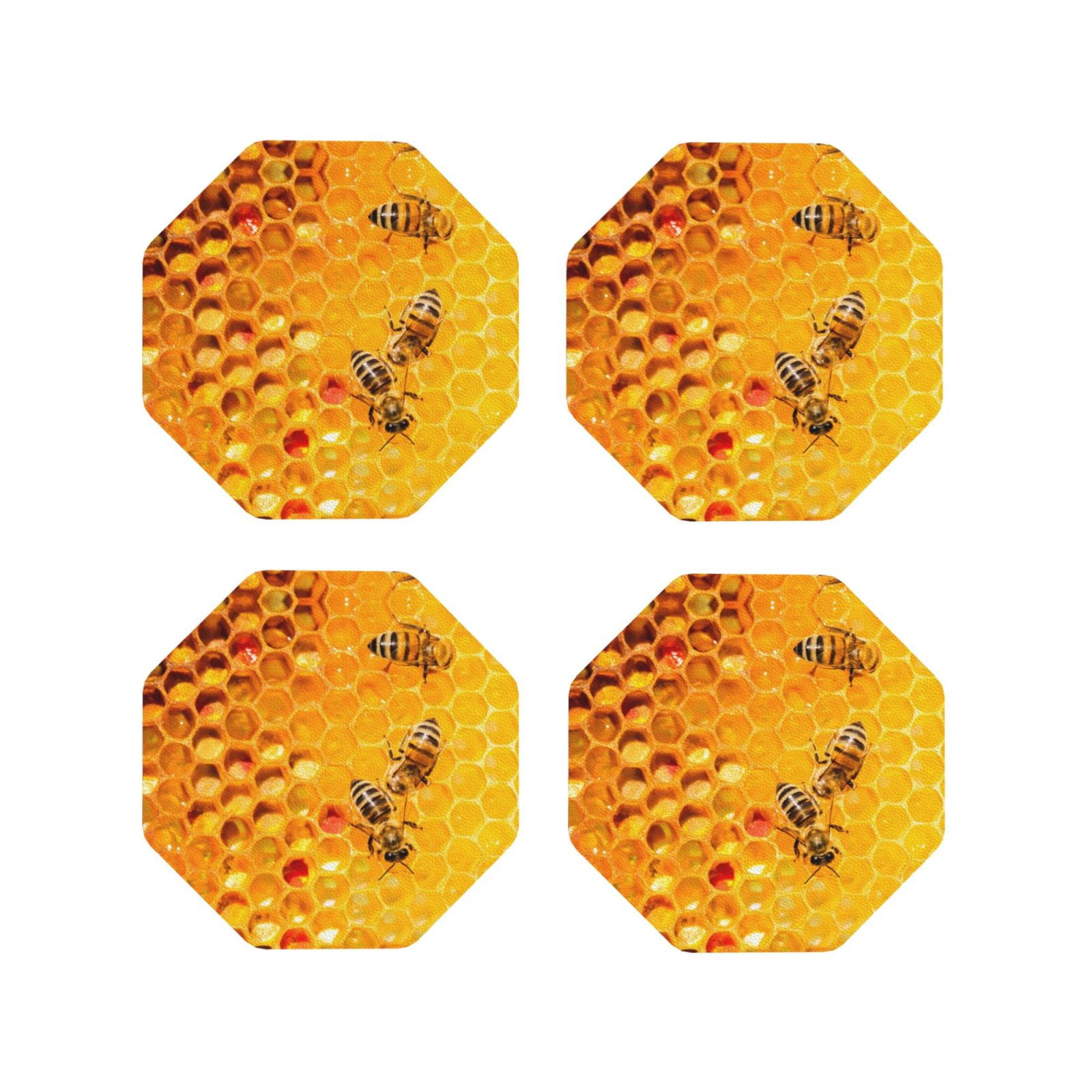Leather Coasters of 4, Bees on Hive Honeycomb Drink Coasters Foe ...