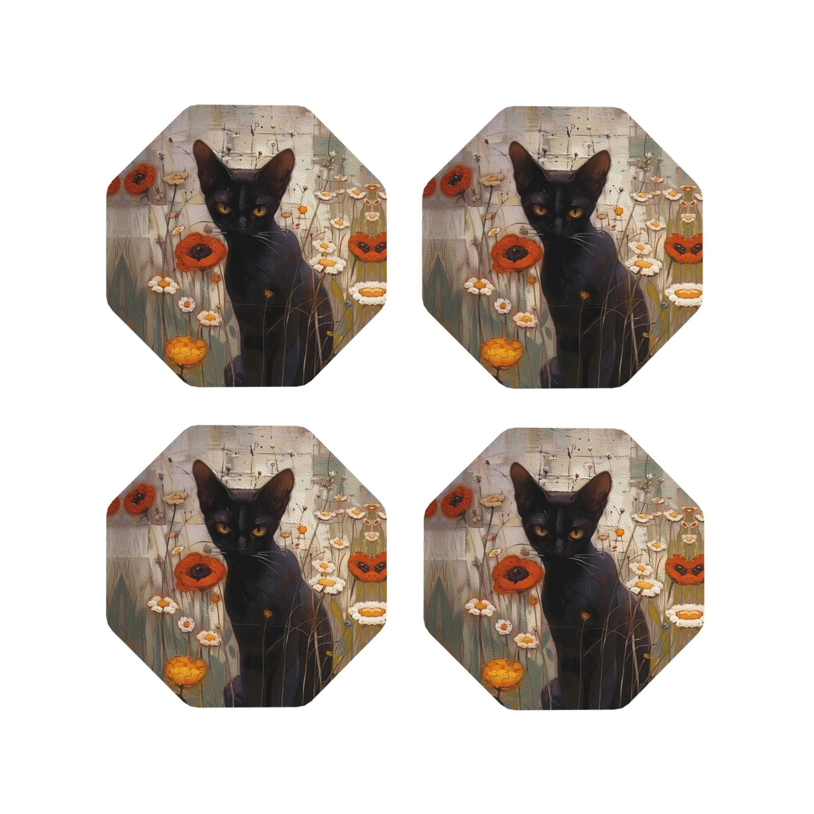 Leather Coasters of 4, Black Cat in Wildflowers Drink Coasters Foe ...