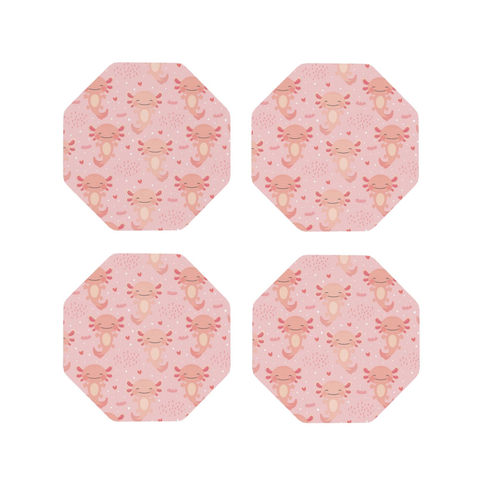 Leather Coasters of 4, Cartoon Cute Axolotl Pink Drink Coasters Foe ...