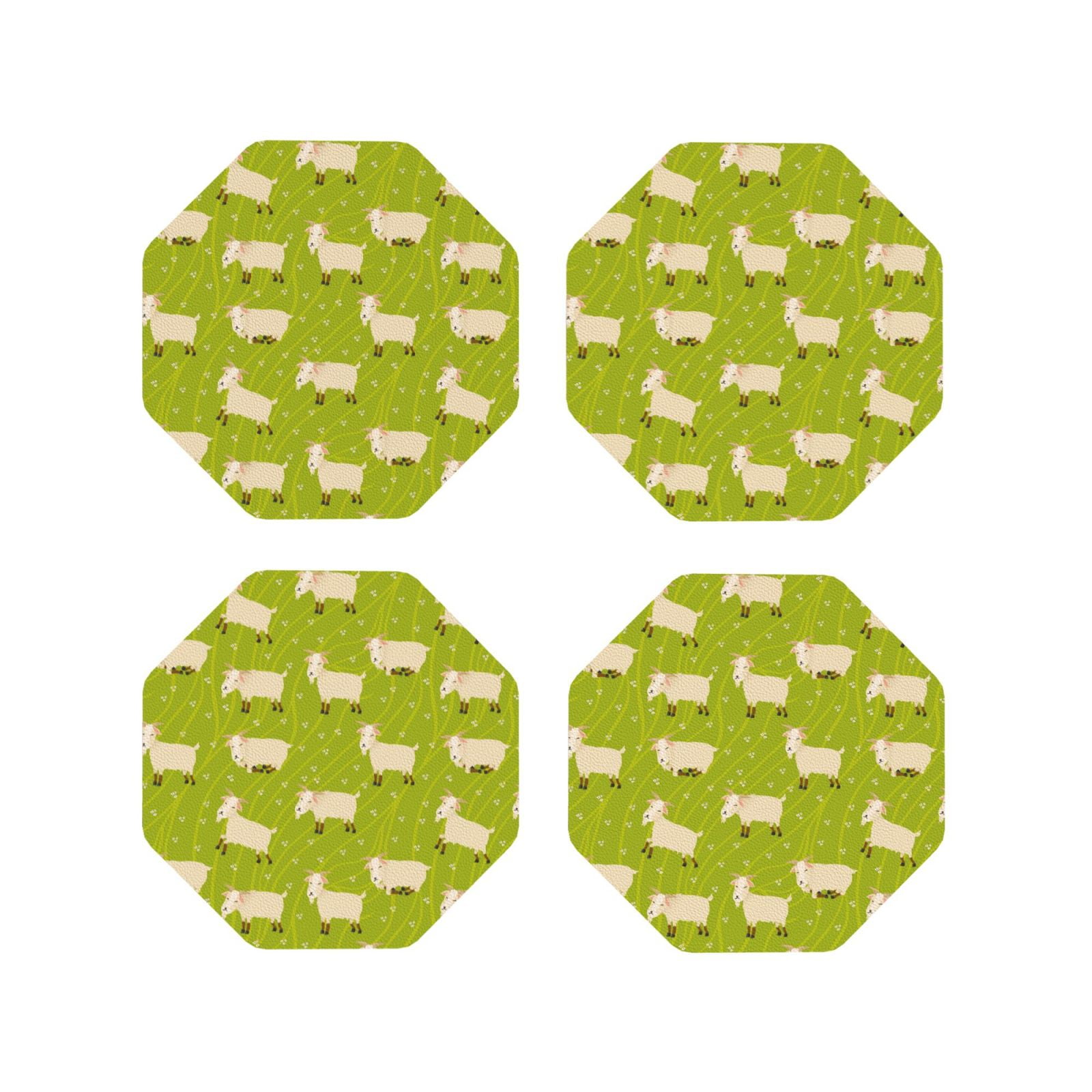 Leather Coasters of 4, Cartoon Cute Funny Sheep Green Drink Coasters ...