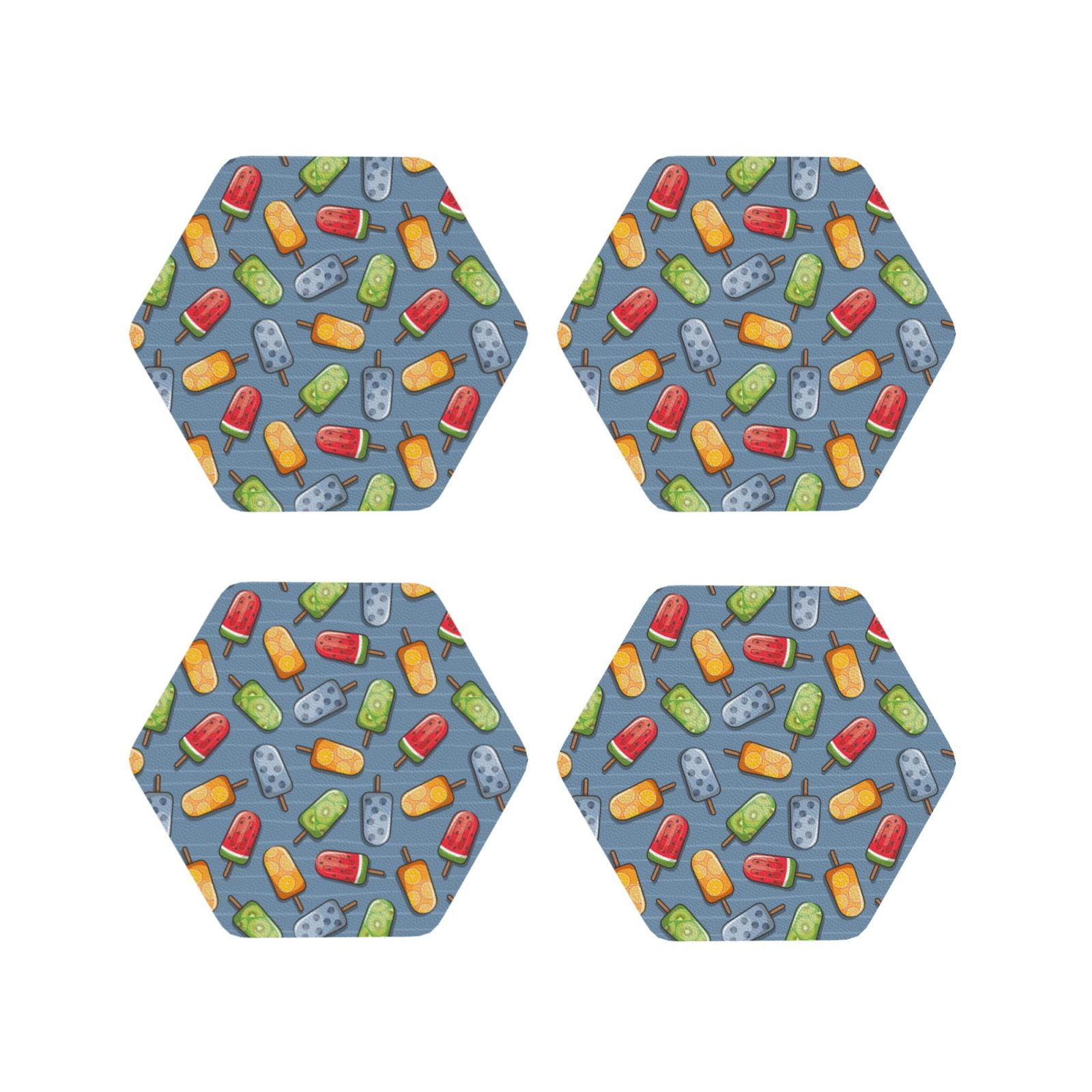 Leather Coasters of 4, Cartoon Fruit Popsicle Print Drink Coasters Foe ...