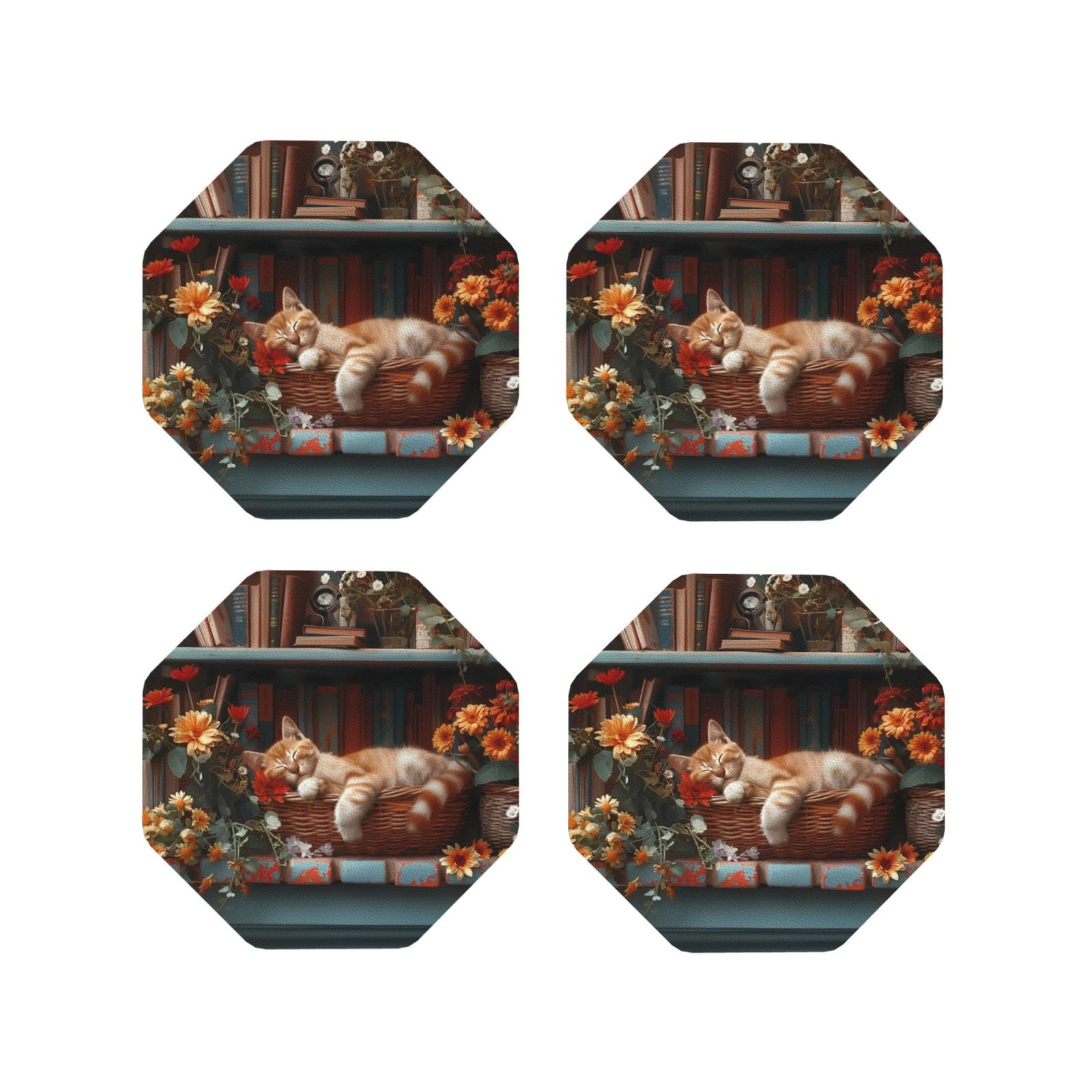 Leather Coasters of 4, Cat Asleep Among Flowers Drink Coasters Foe ...