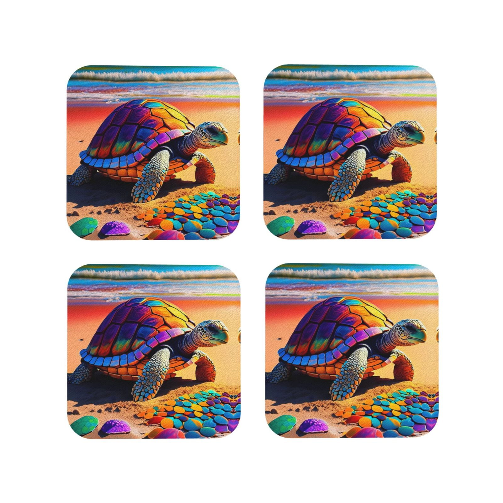 Leather Coasters of 4, Colorful Turtle on Beach Drink Coasters Foe ...