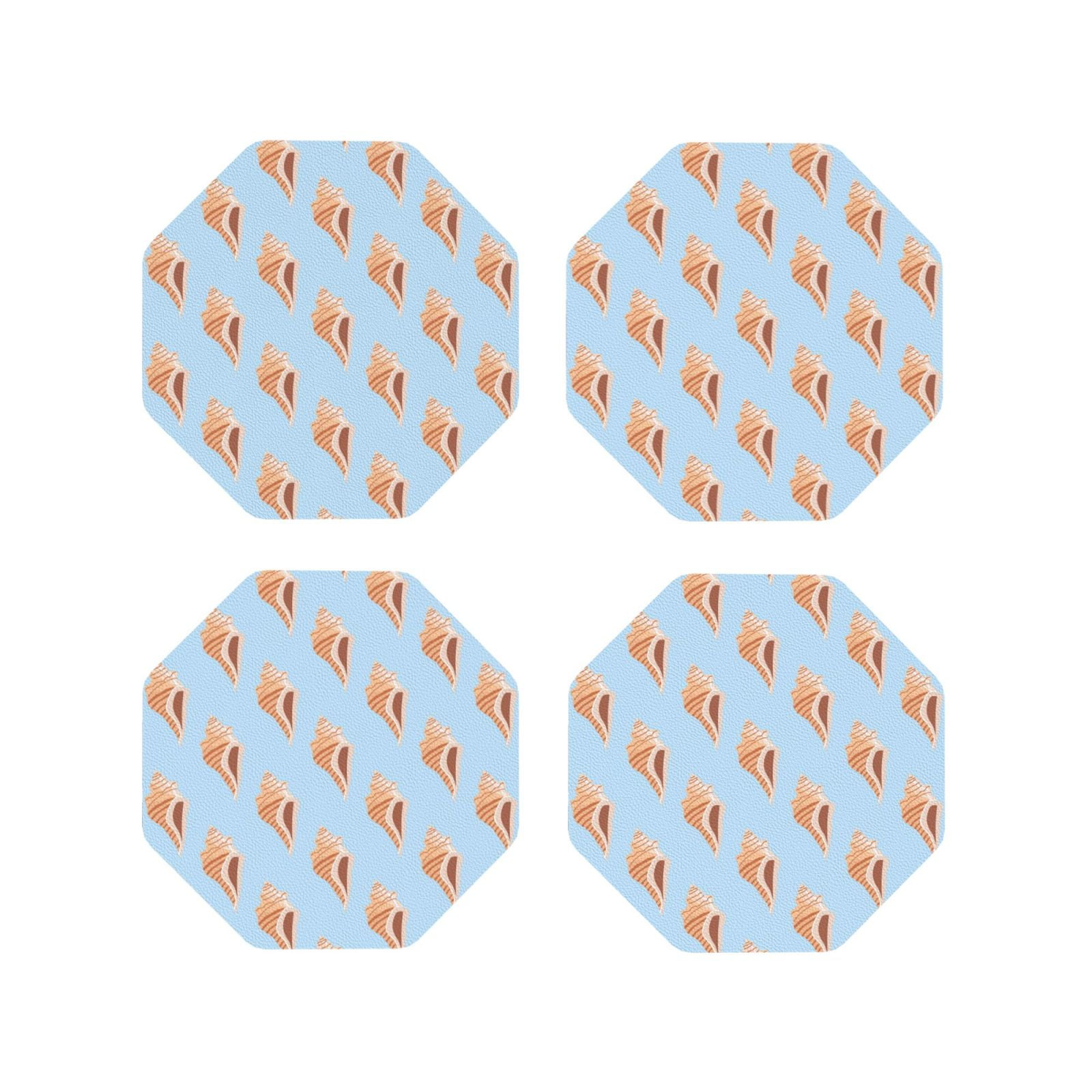Leather Coasters of 4, Conch Print Light Blue Drink Coasters Foe ...