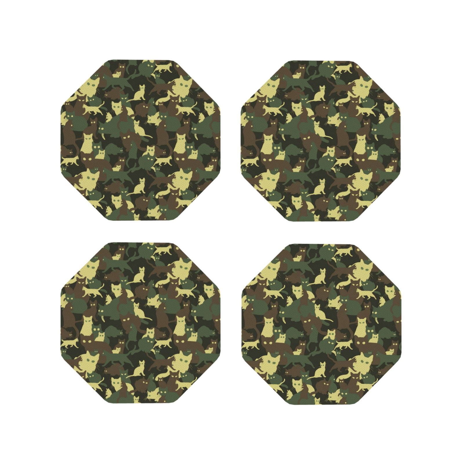 Leather Coasters of 4, Cool Cat Green Camouflage Drink Coasters Foe ...