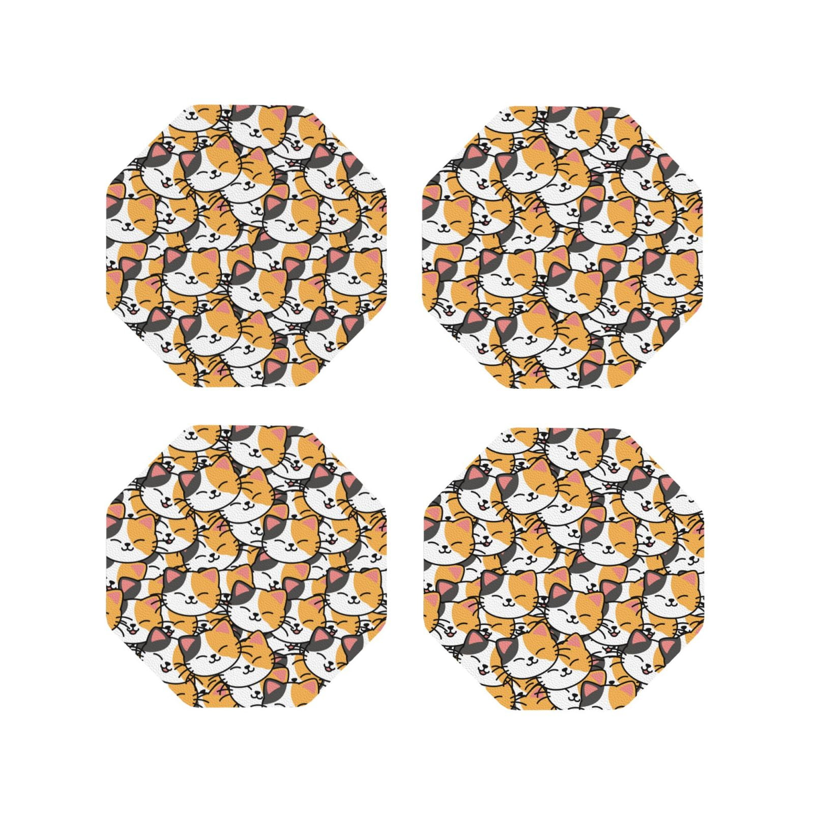 Leather Coasters of 4, Cute Cartoon Smiling Cat Face Drink Coasters Foe ...