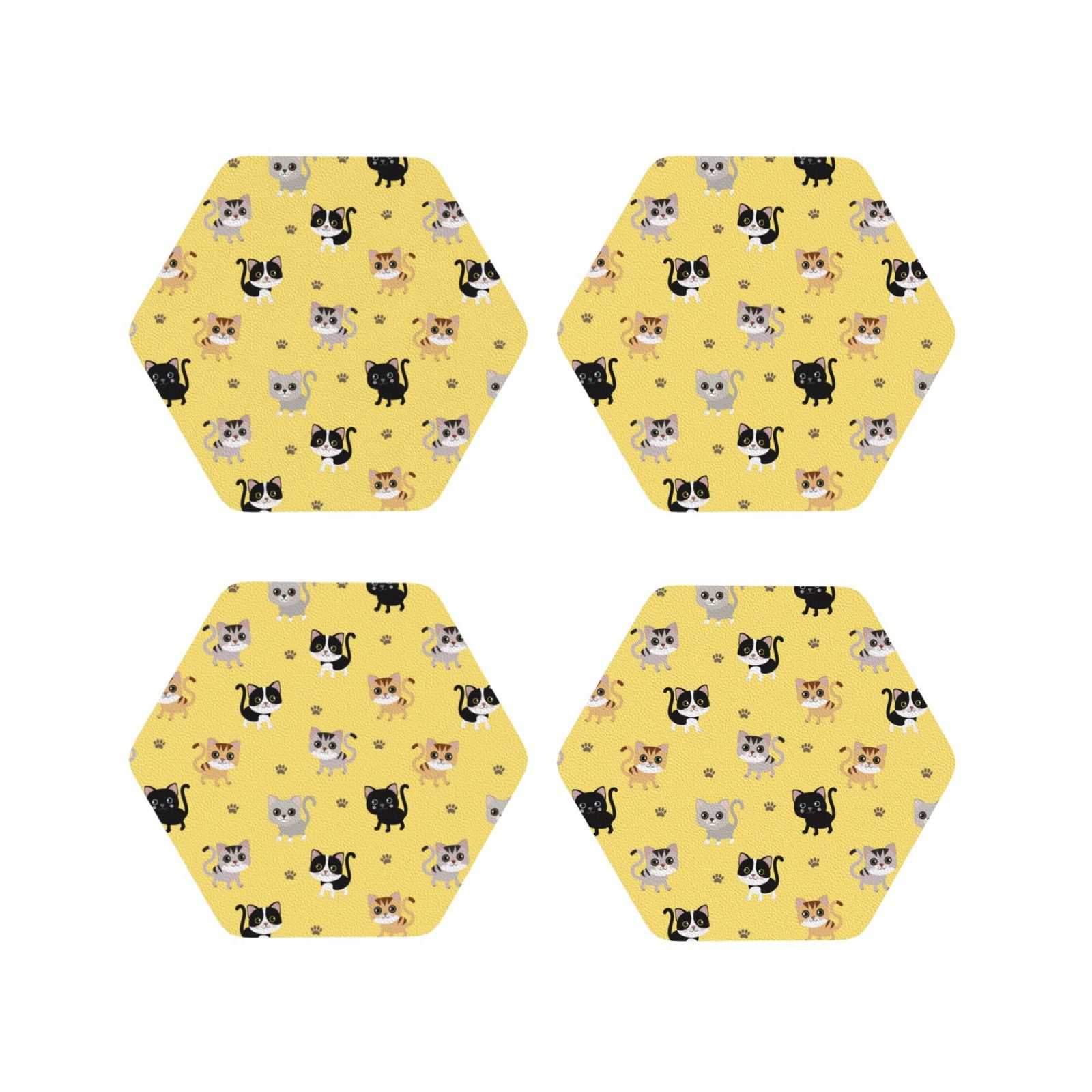 Leather Coasters of 4, Cute Cat Cartoon Style Yellow Drink Coasters Foe ...