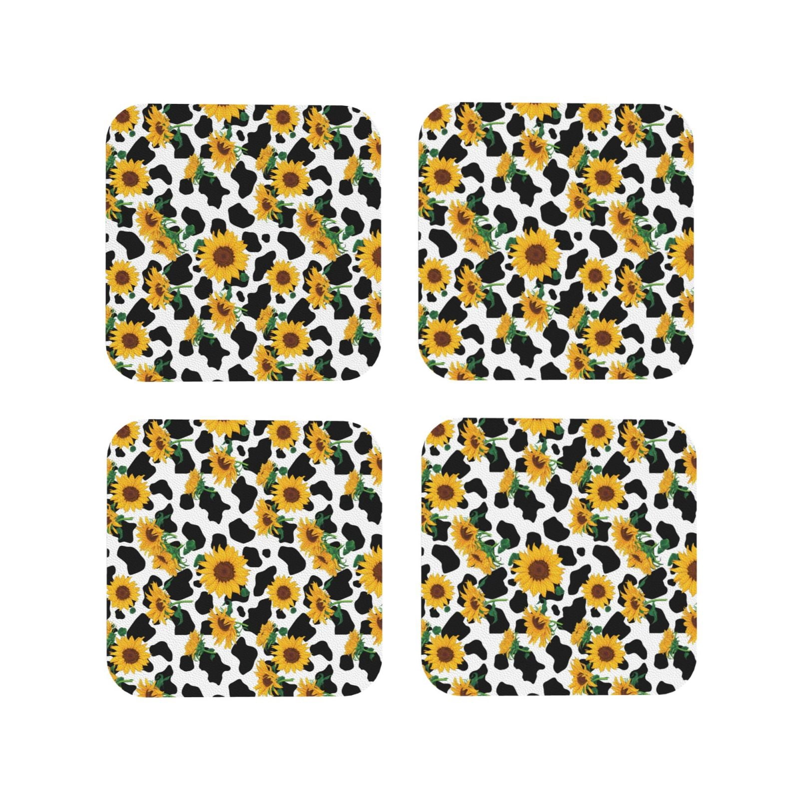 Leather Coasters of 4, Cute Cow Print Sunflower A Drink Coasters Foe ...