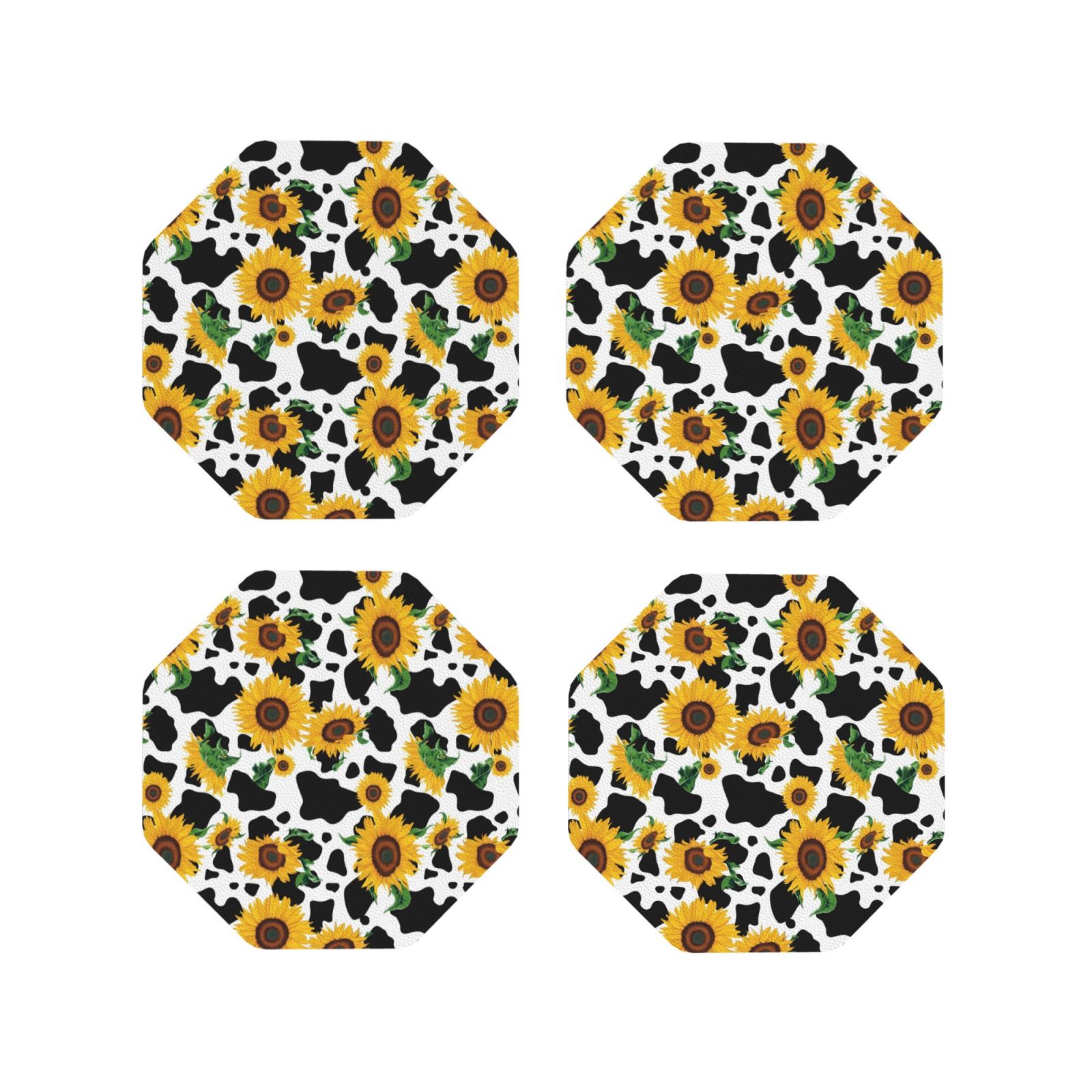 Leather Coasters of 4, Cute Cow Print Sunflower D Drink Coasters Foe ...