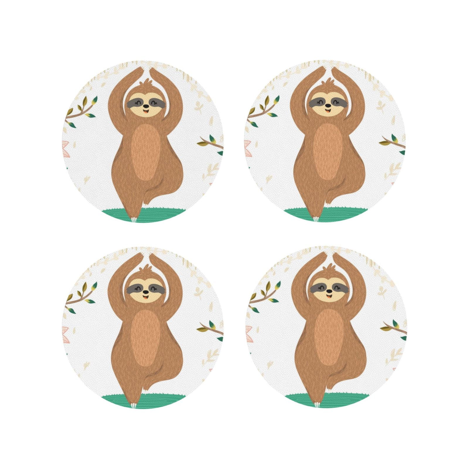 Leather Coasters of 4, Cute Sloth In Yoga Pose Tree Drink Coasters Foe ...