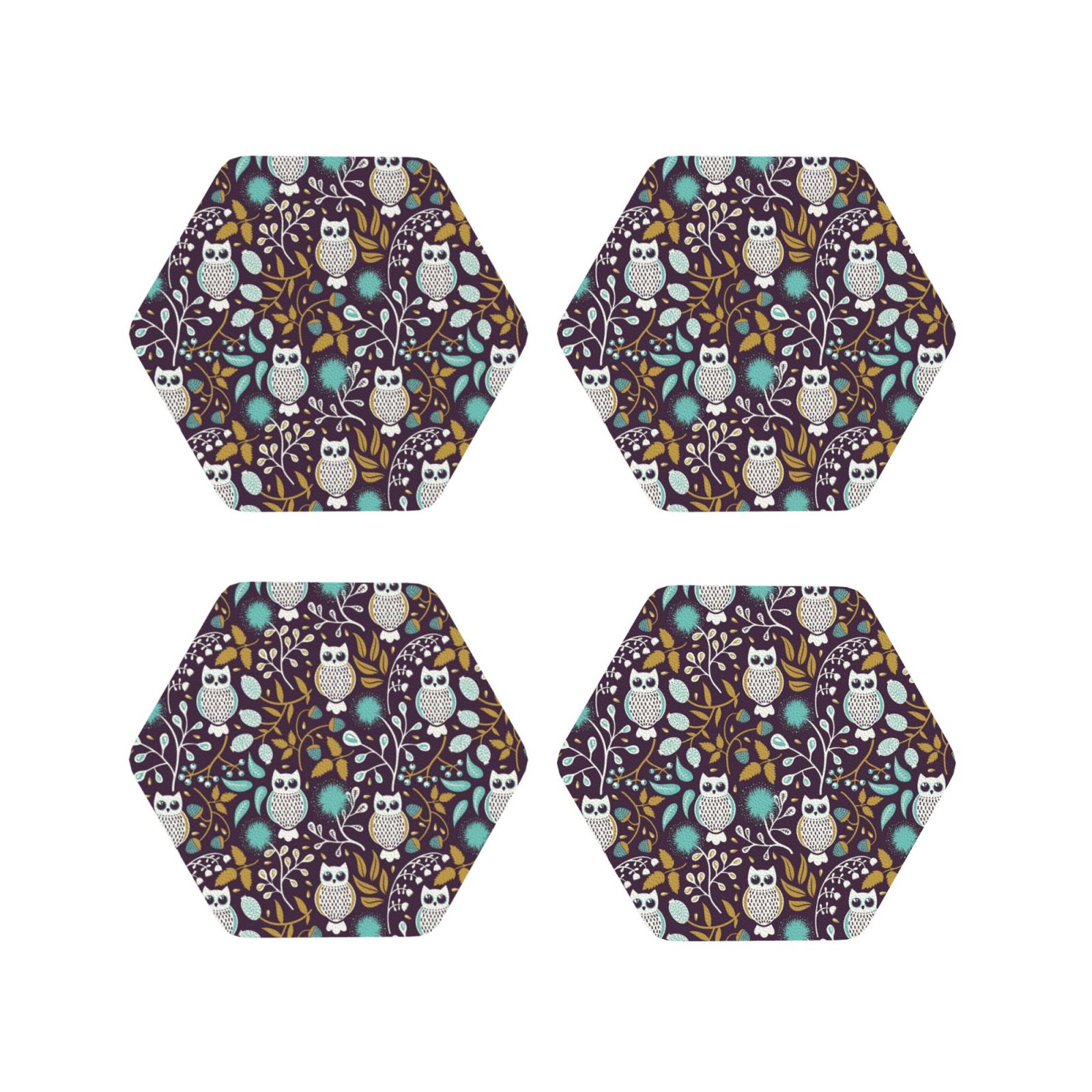 Leather Coasters of 4, Forest Cute Owl A Drink Coasters Foe Tabletop ...