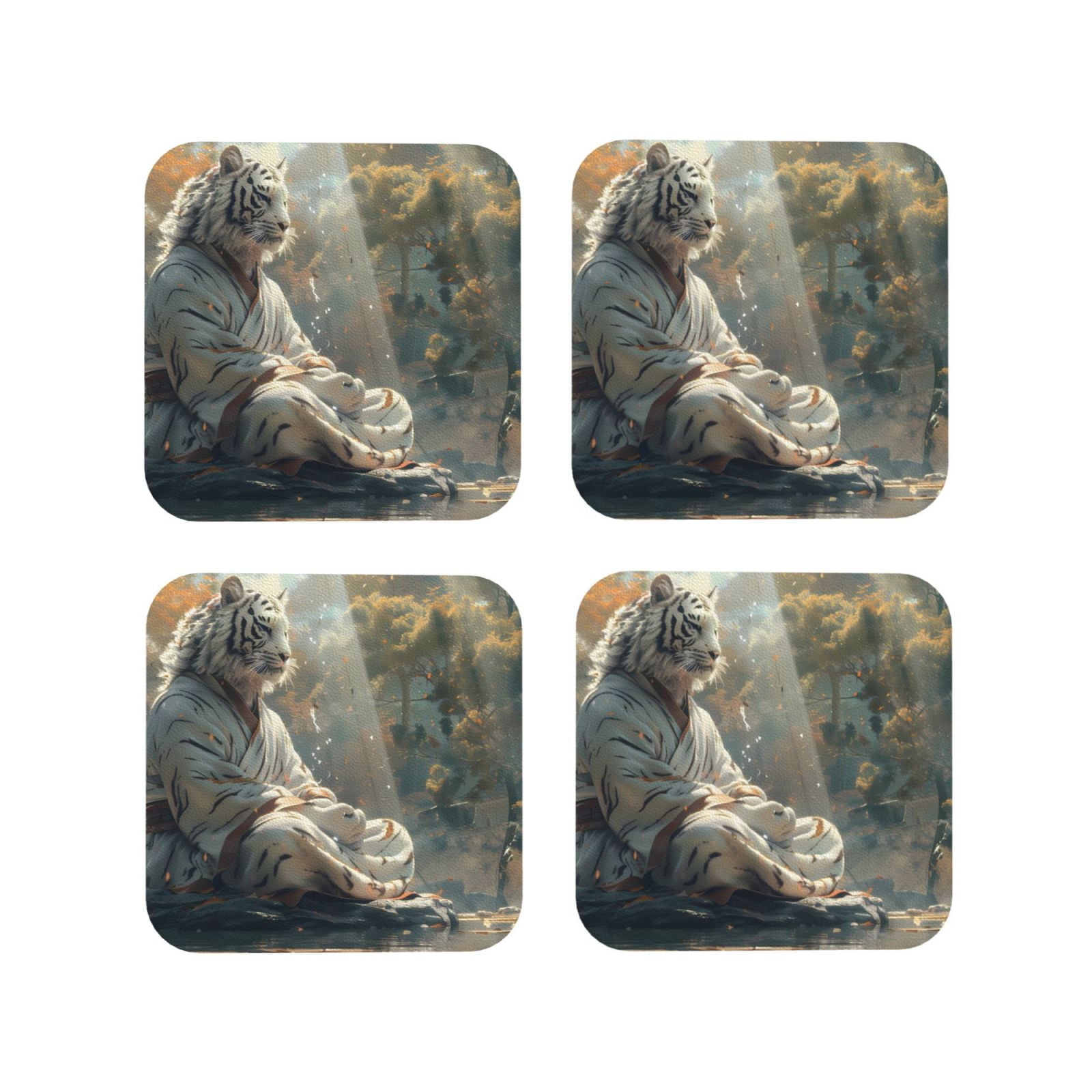 Leather Coasters of 4, Forest Meditating White Tiger Drink Coasters Foe ...