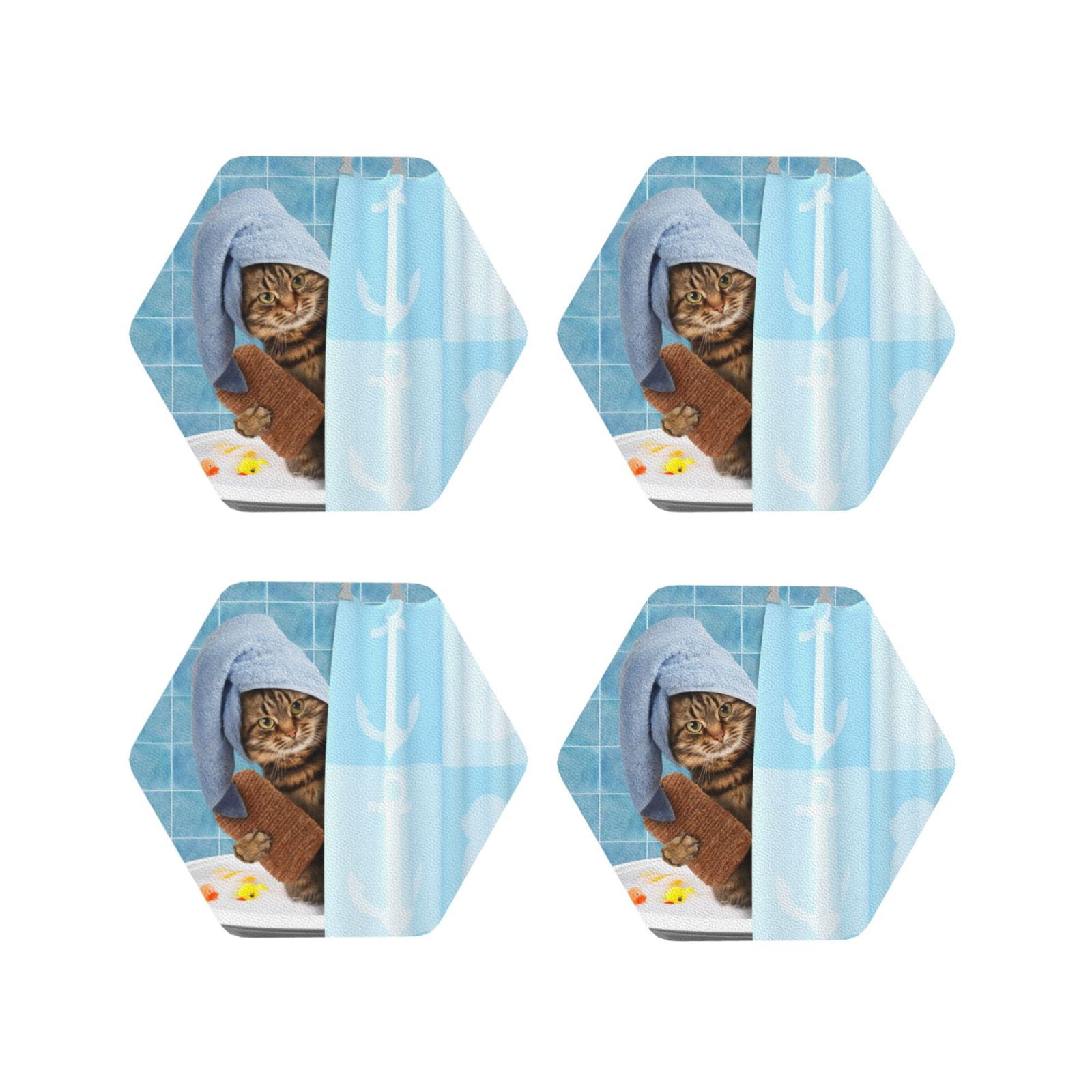 Leather Coasters of 4, Funny Cat Taking a Bath Drink Coasters Foe ...