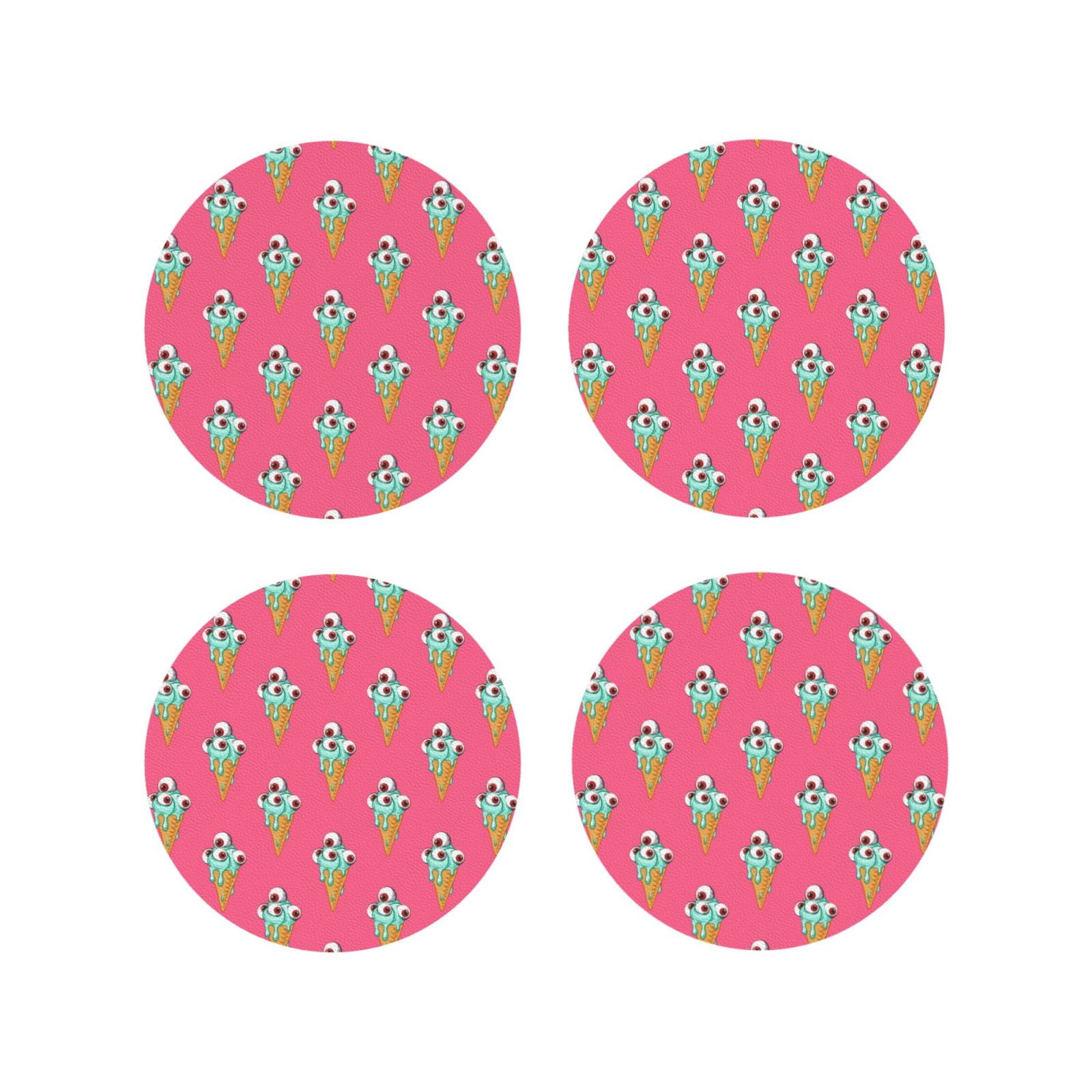 Leather Coasters of 4, Funny Ice Cream Print Pink Drink Coasters Foe ...