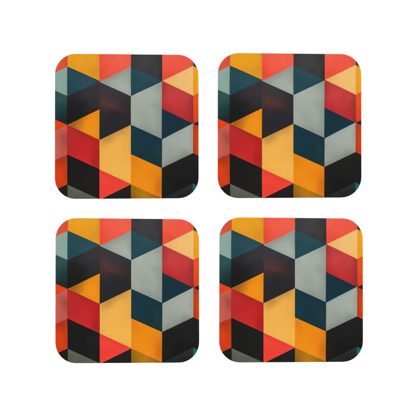 Leather Coasters of 4, Geometric Cube Pattern Art Drink Coasters Foe ...
