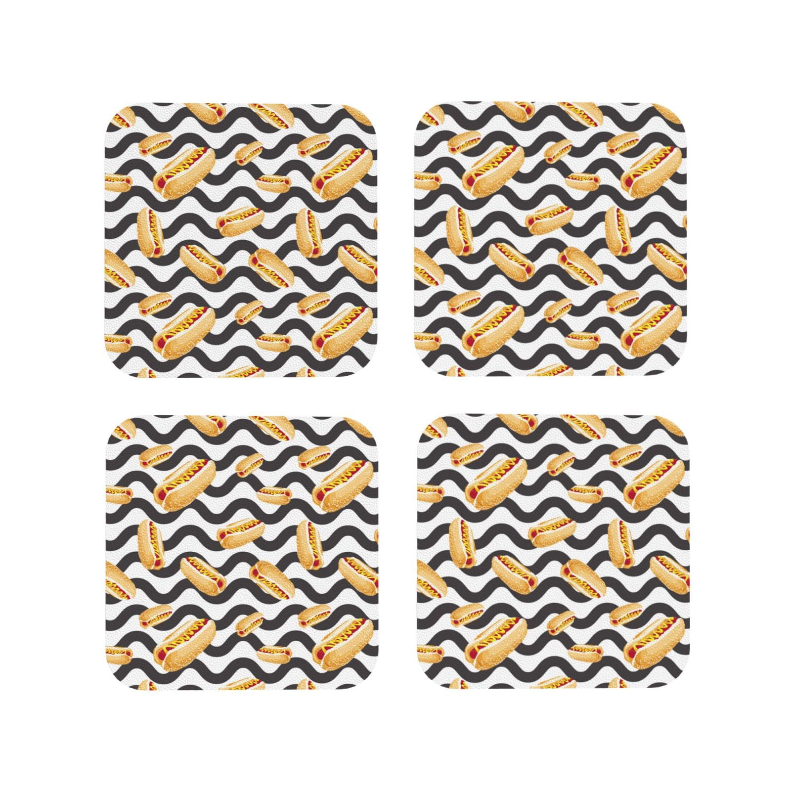 Leather Coasters of 4, Hot Dog Print Wave Black Drink Coasters Foe ...