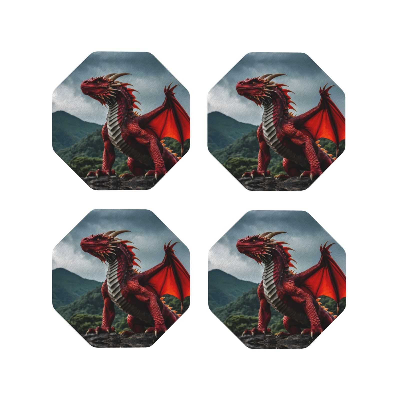 Leather Coasters of 4, Majestic Red Dragon Drink Coasters Foe Tabletop ...