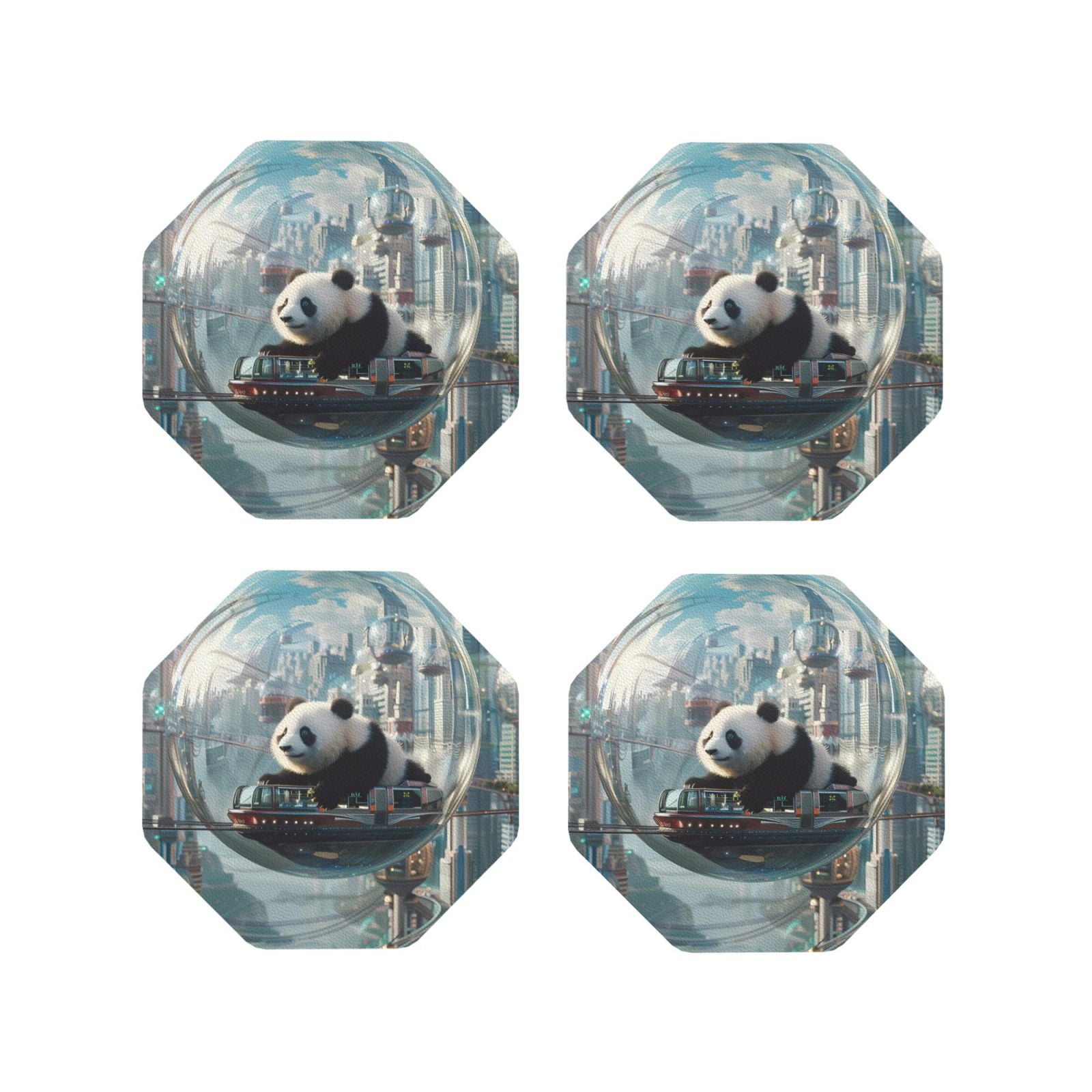 Leather Coasters of 4, Panda In Futuristic City Drink Coasters Foe ...