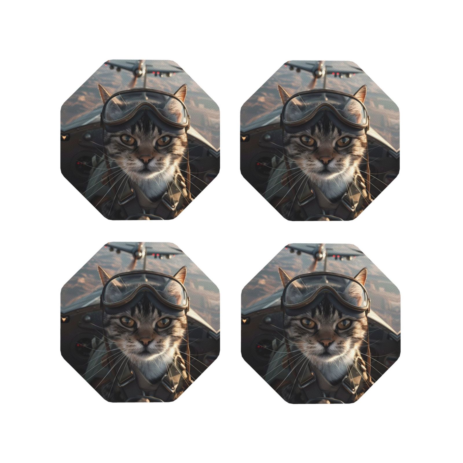 Leather Coasters of 4, Pilot Cat In Vintage Plane Drink Coasters Foe ...