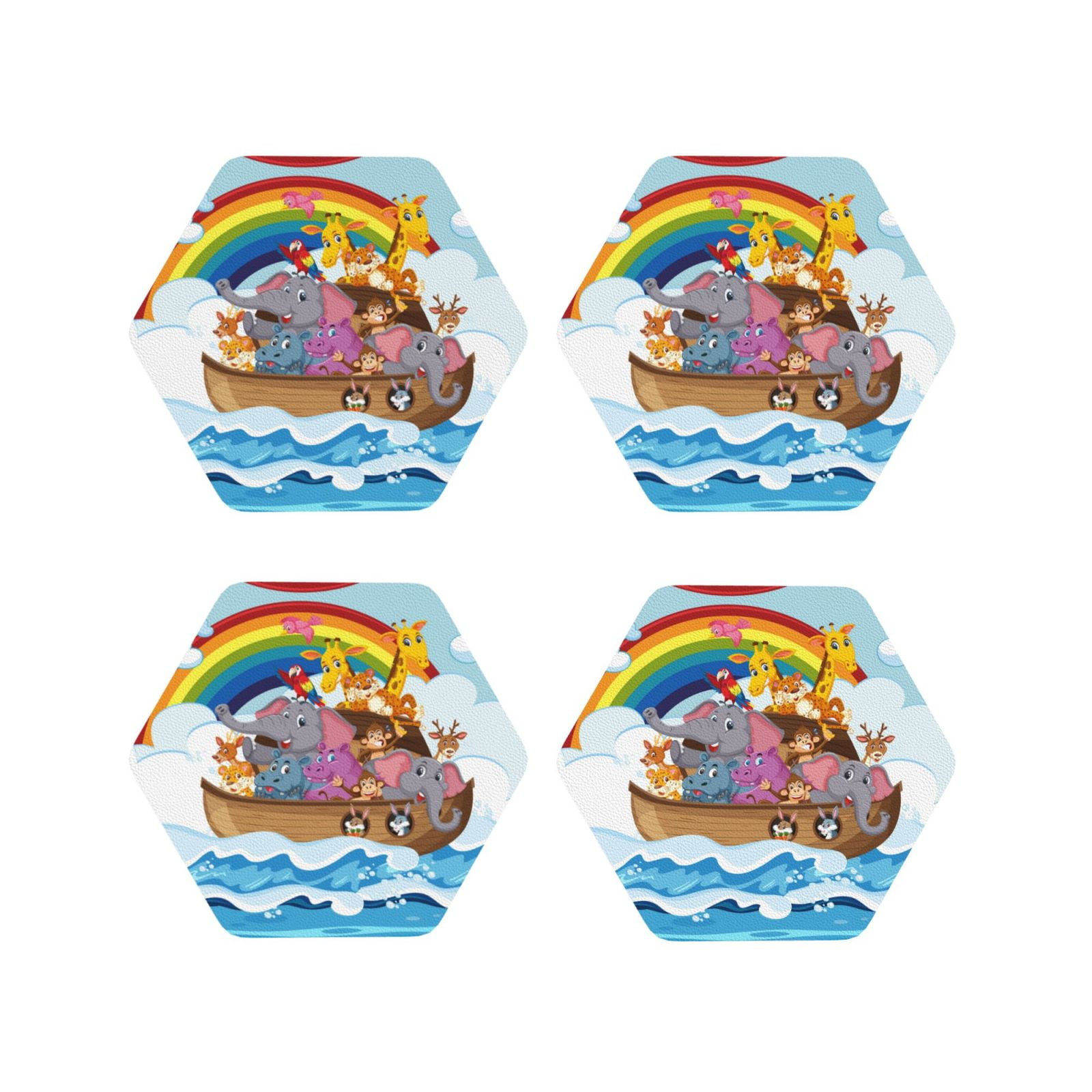 Leather Coasters of 4, Rainbow Animals Noah's Ark Drink Coasters Foe ...