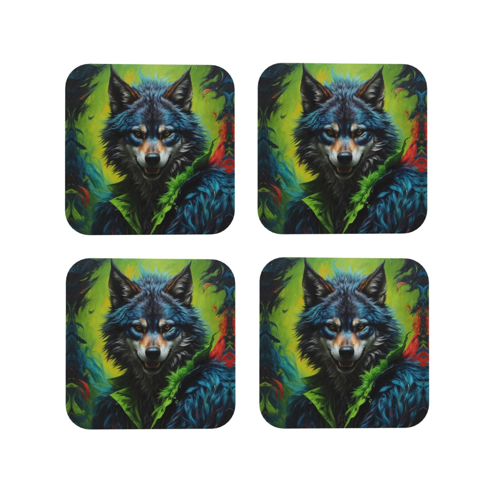 Leather Coasters of 4, Realistic Style Wolf Warrior Drink Coasters Foe ...