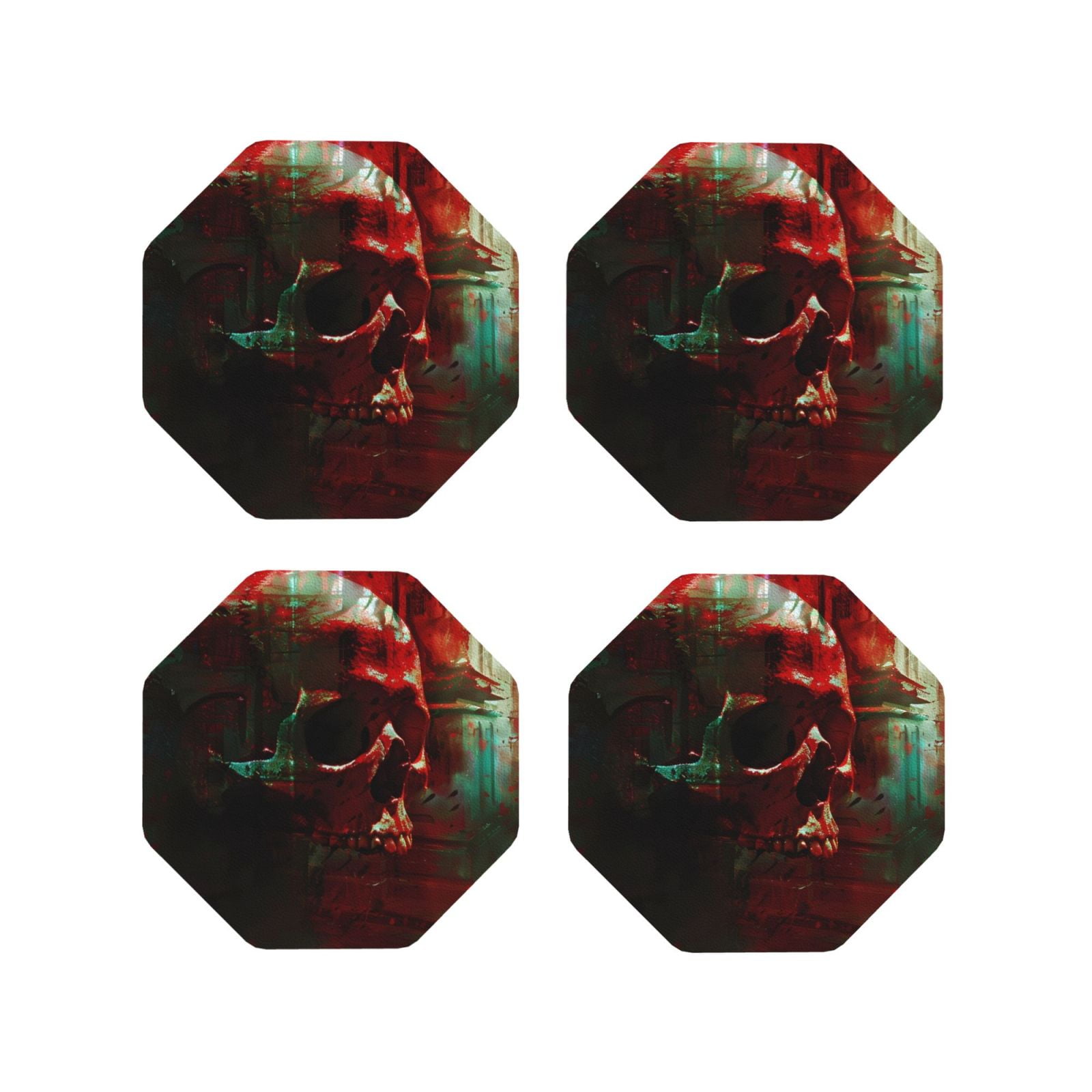 Leather Coasters of 4, Red Dark Skull Abstract Drink Coasters Foe ...