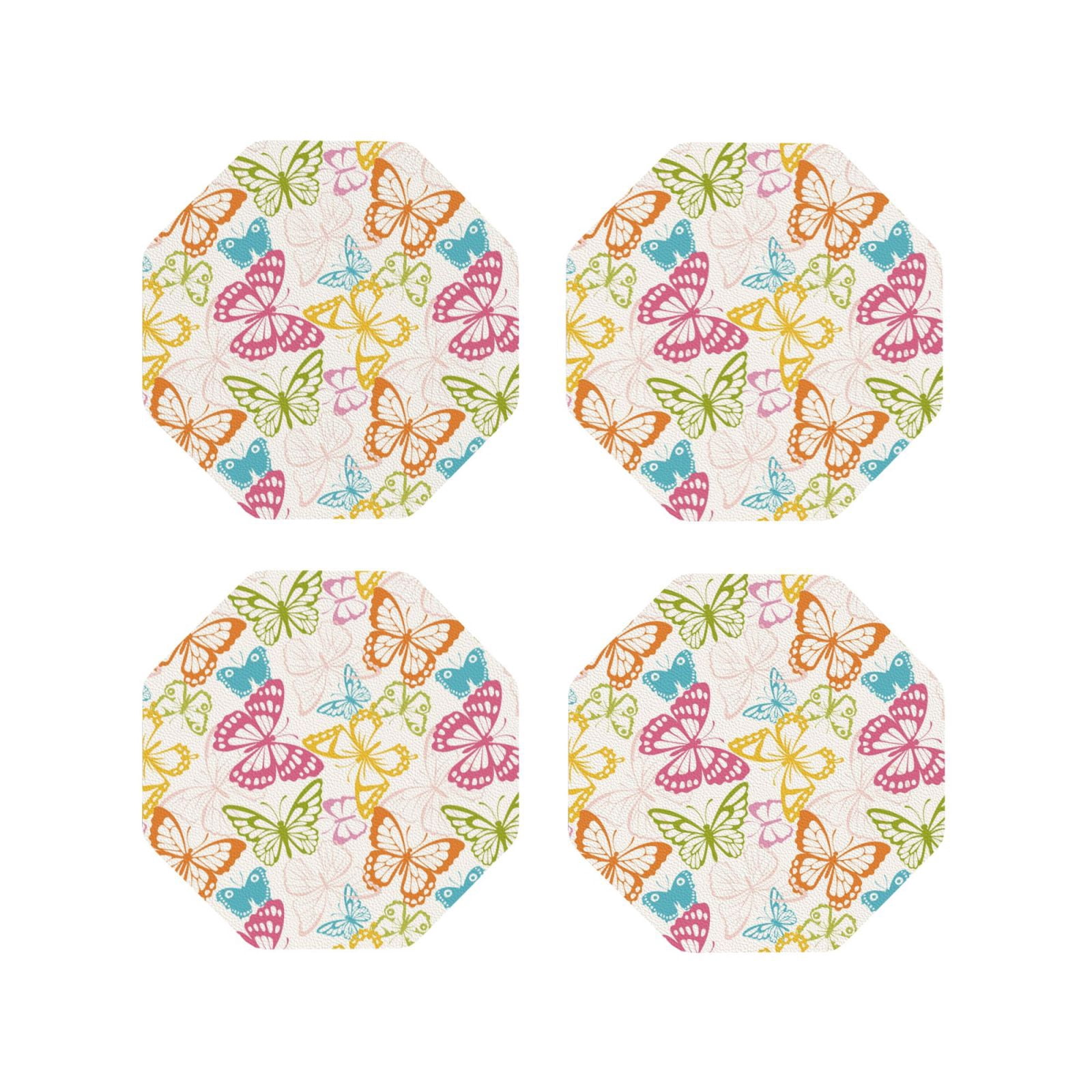 Leather Coasters of 4, Retro colorful butterfly Drink Coasters Foe ...