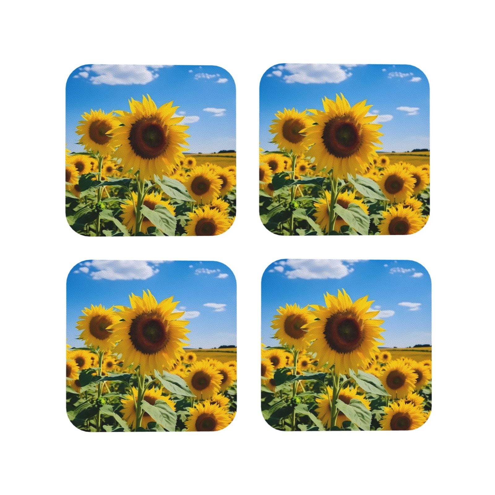 Leather Coasters of 4, Sky Golden Sunflower Field B Drink Coasters Foe ...