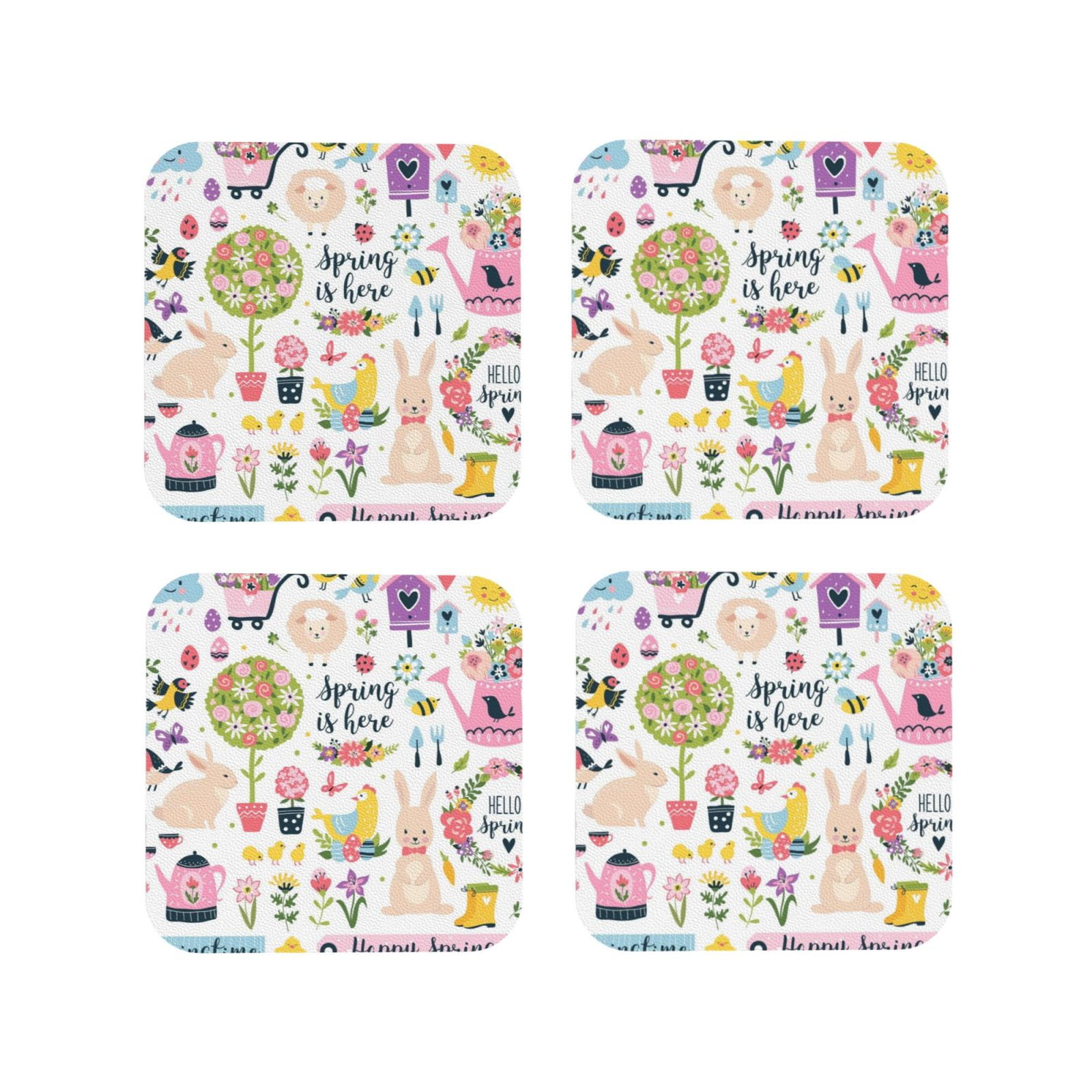 Leather Coasters of 4, Spring Hand Drawn Flowers Birds Drink Coasters ...