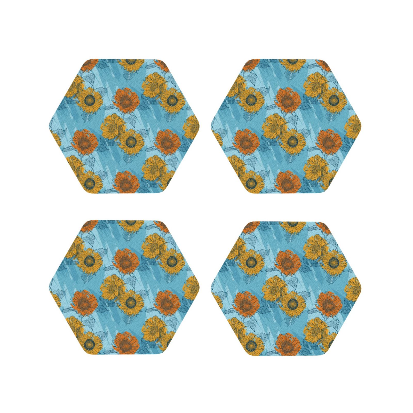 Leather Coasters of 4, Sunflowers Orange Yellow Drink Coasters Foe ...
