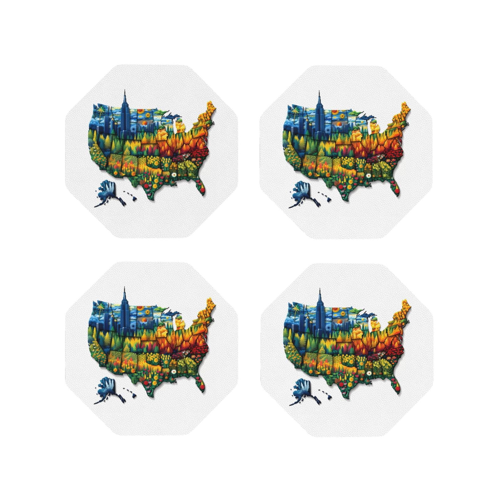 Leather Coasters of 4, USA Map Floral States Drink Coasters Foe ...
