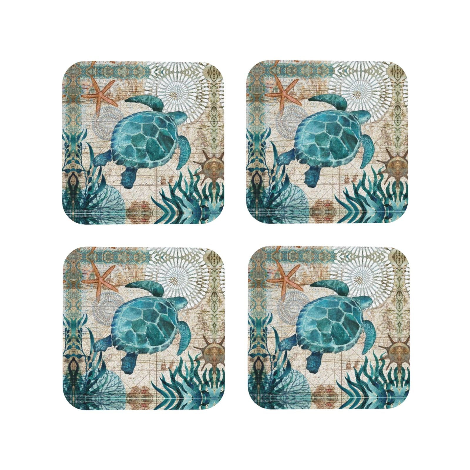 Leather Coasters of 4, Watercolor Sea Turtle Drink Coasters Foe ...