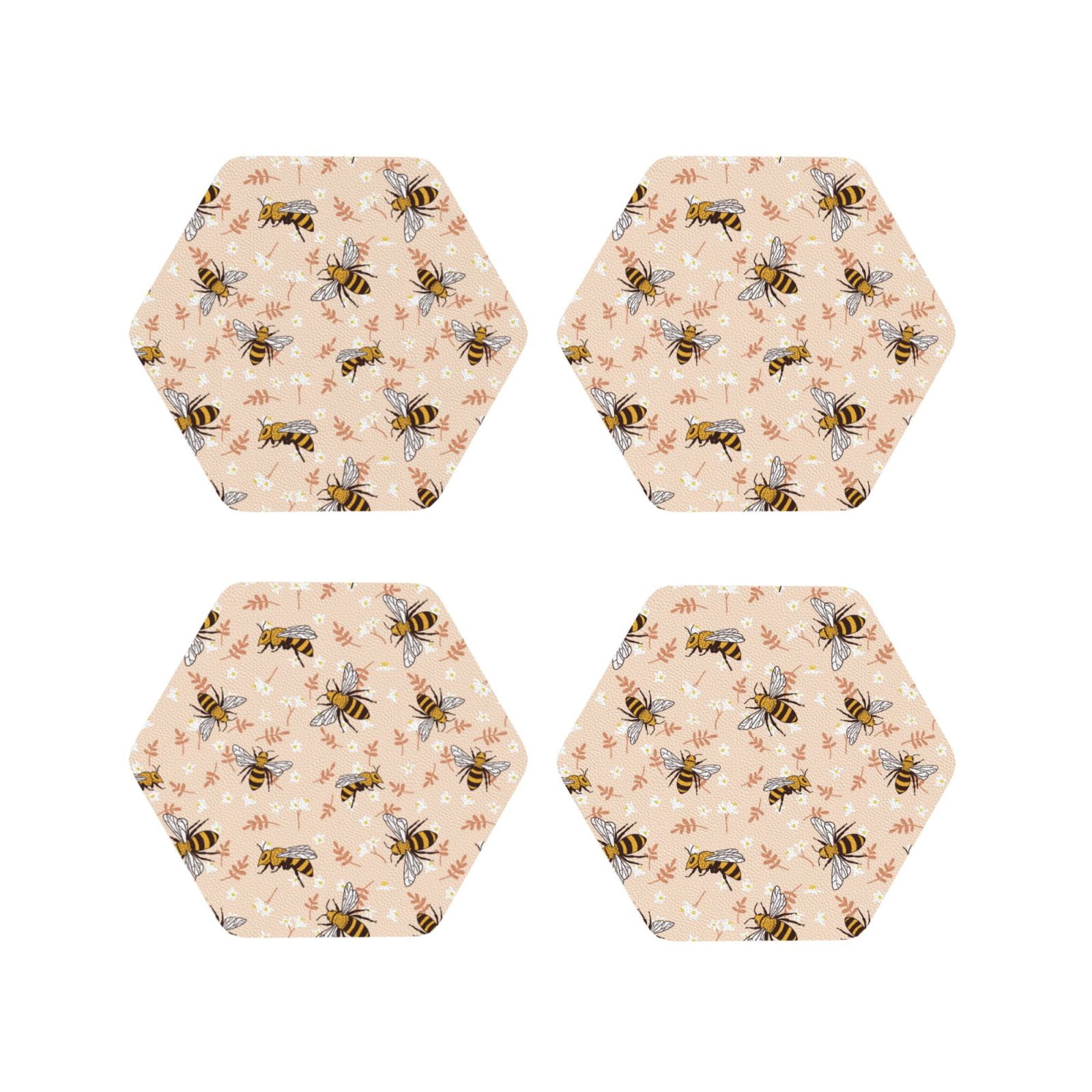 Leather Coasters of 4, cute bee print Drink Coasters Foe Tabletop ...