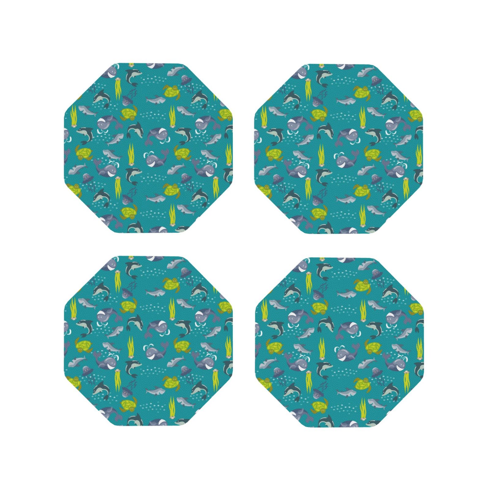 Leather Coasters of 4, cute shark turtle Drink Coasters Foe Tabletop ...