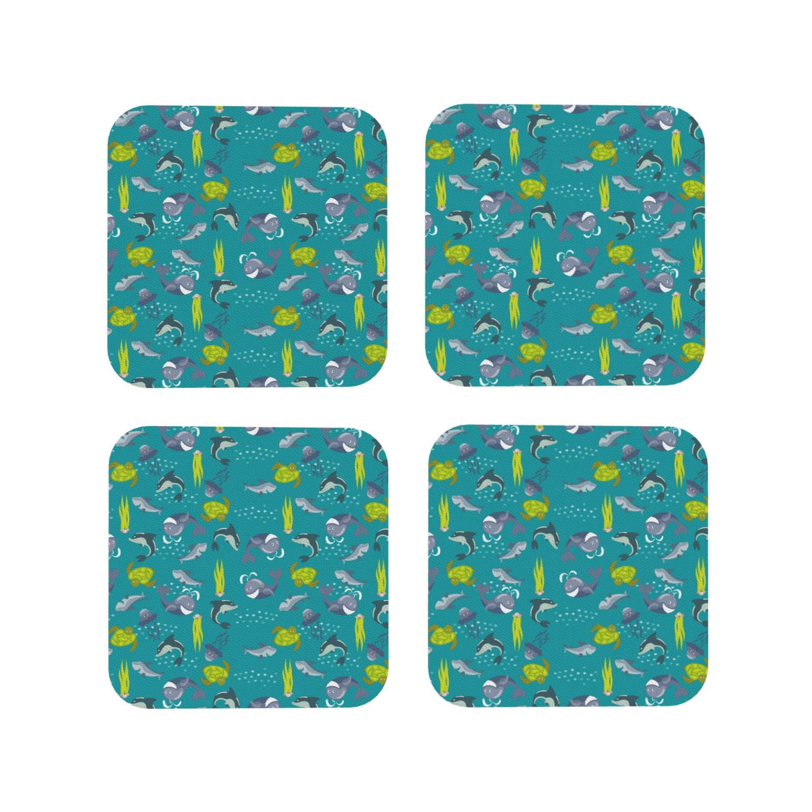 Leather Coasters of 4, cute shark turtle Drink Coasters Foe Tabletop ...