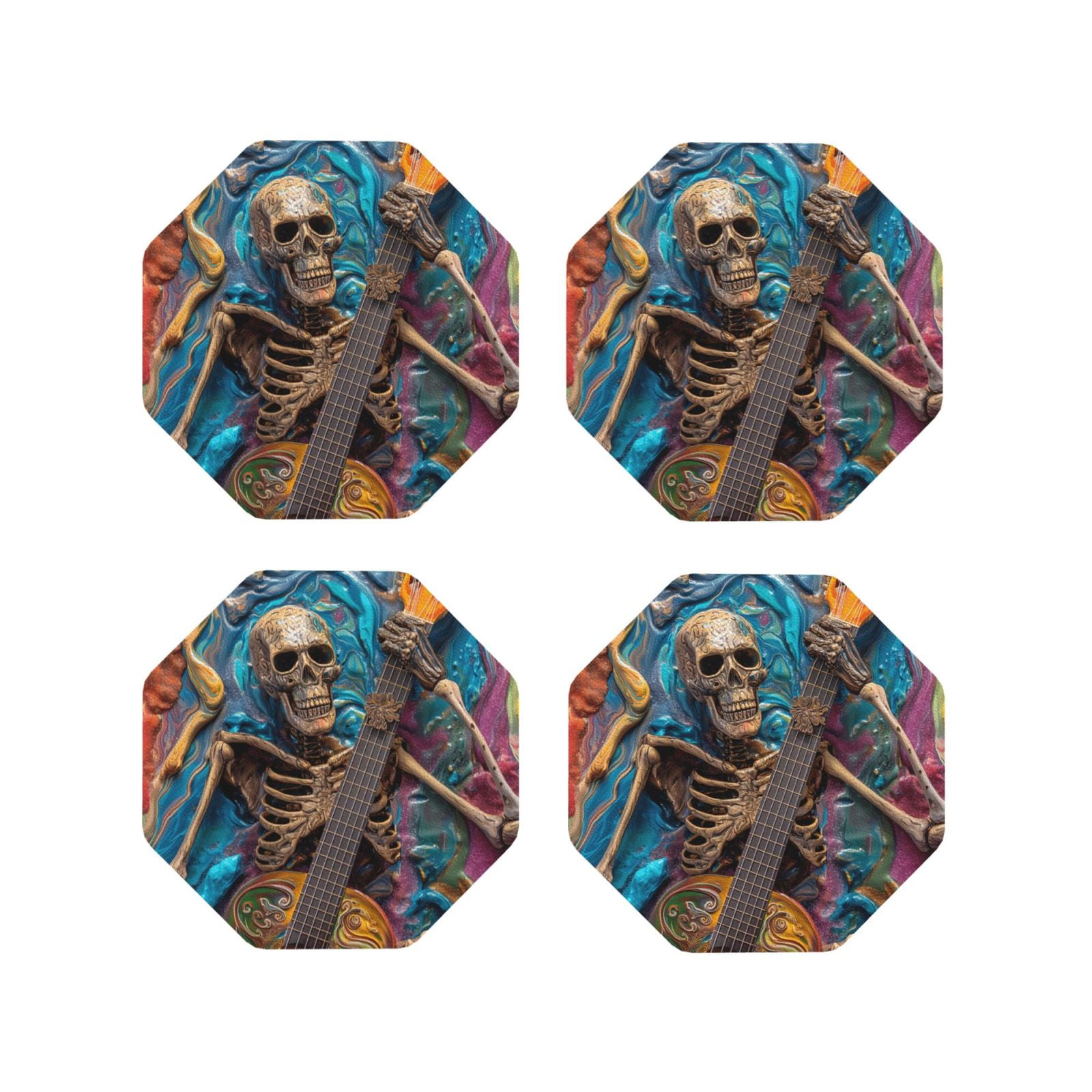Leather Coasters with Heat-resistant for Drinks, Colorful Guitar Skull ...