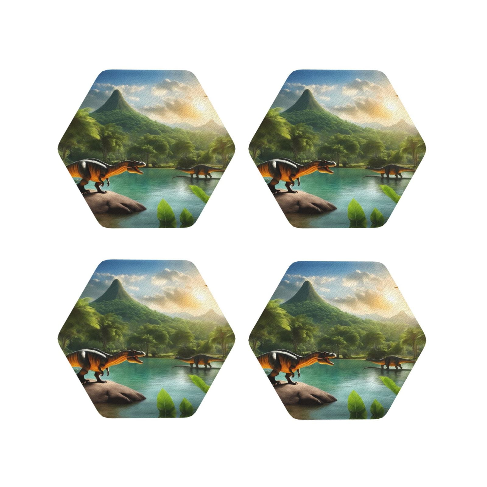 Leather Coasters with Heat-resistant for Drinks, Lake Forest Dinosaur ...
