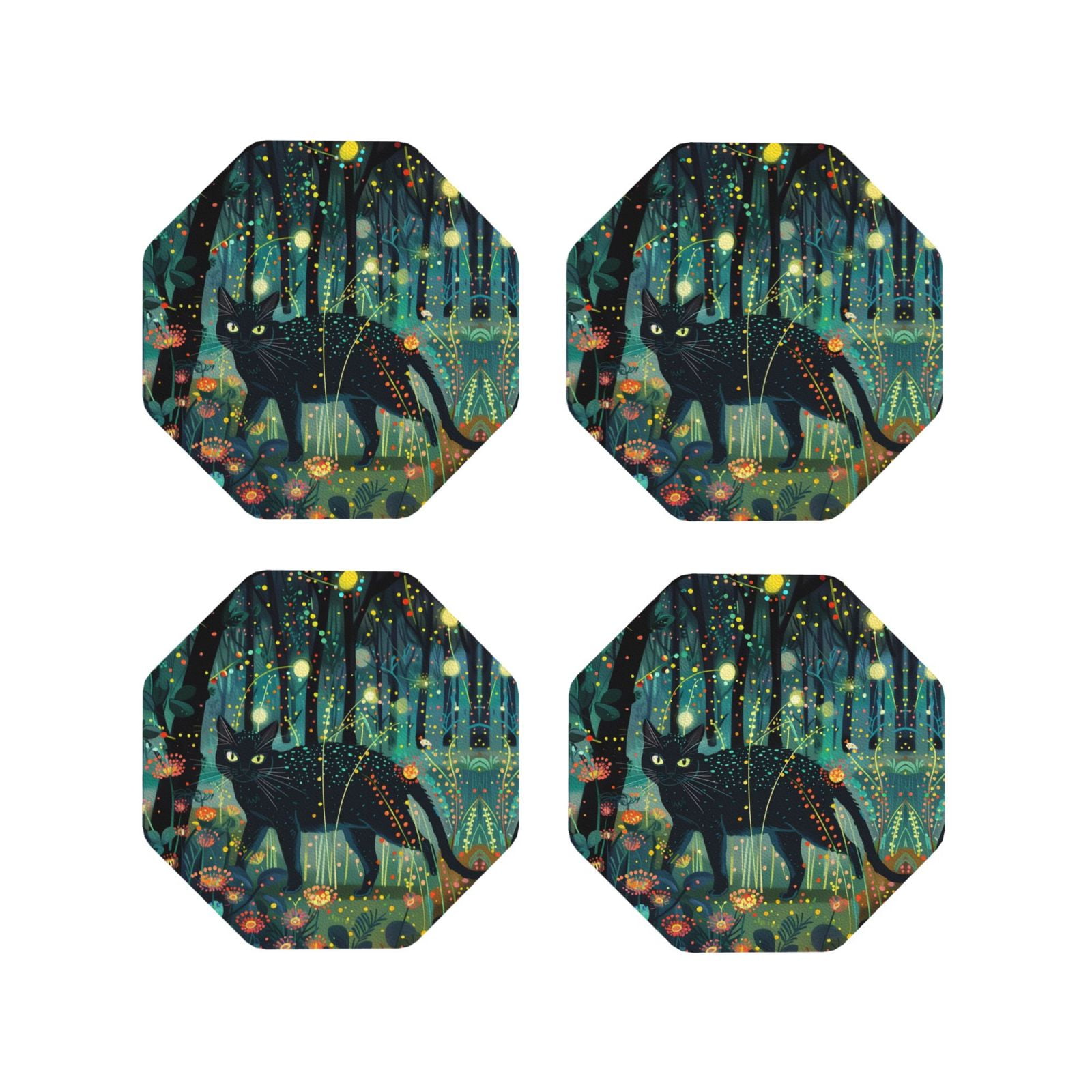 Leather Coasters with Heat-resistant for Drinks, Mystical Black Cat ...